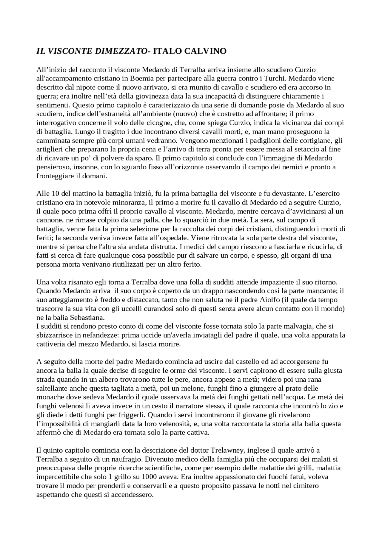 Appunti Libro Il Visconte Dimezzato I Calvino Docsity