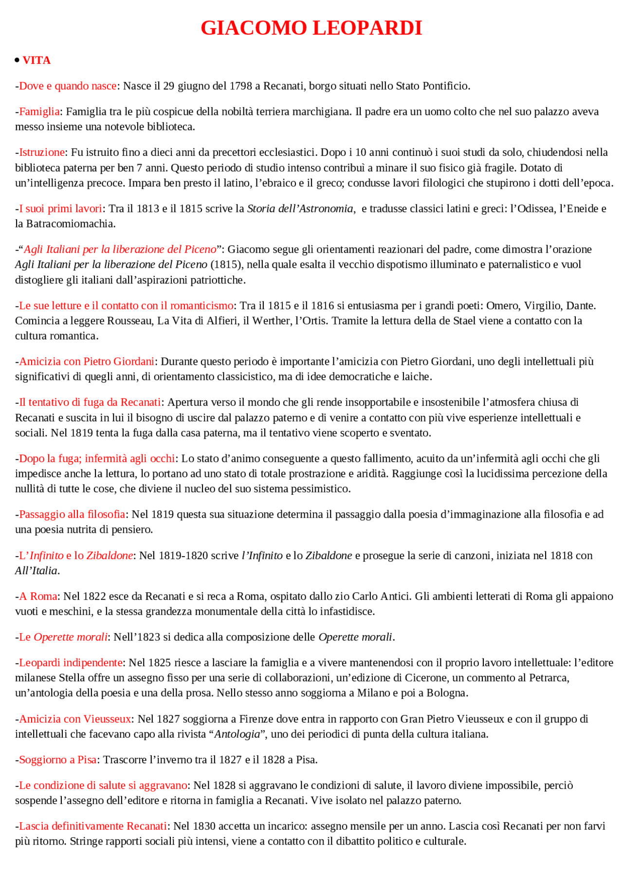 Appunti Italiano - Leopardi - Docsity