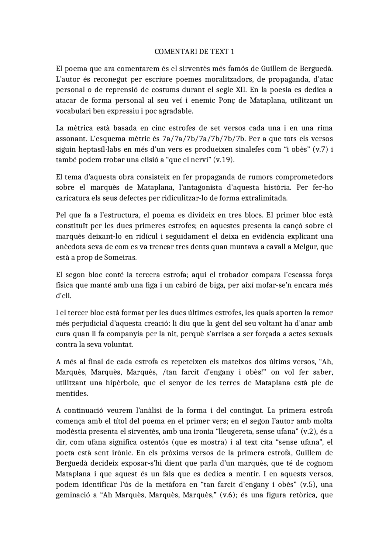Comentari De Text Sirventes De Mataplana Docsity