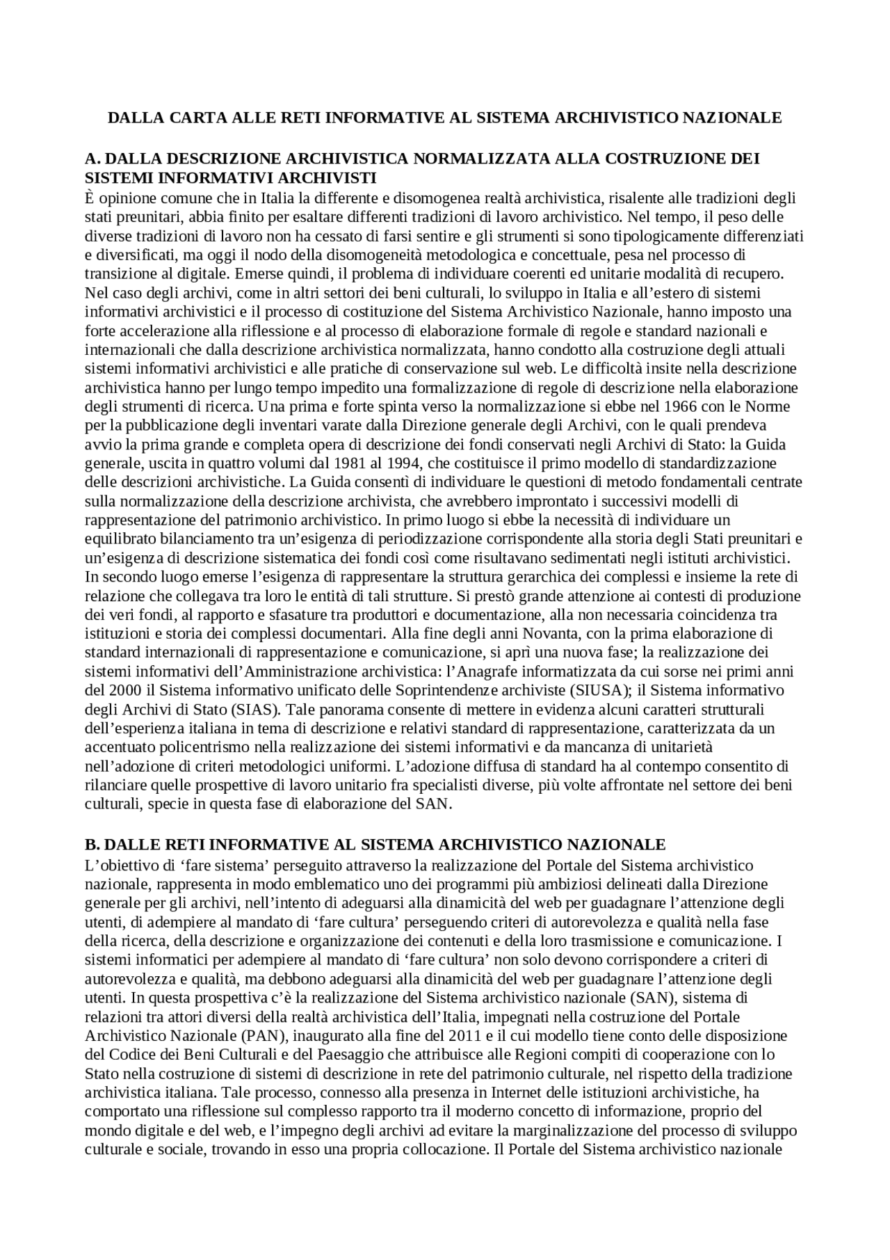 Dalla carta alle reti informative al sistema archivistico nazionale ...