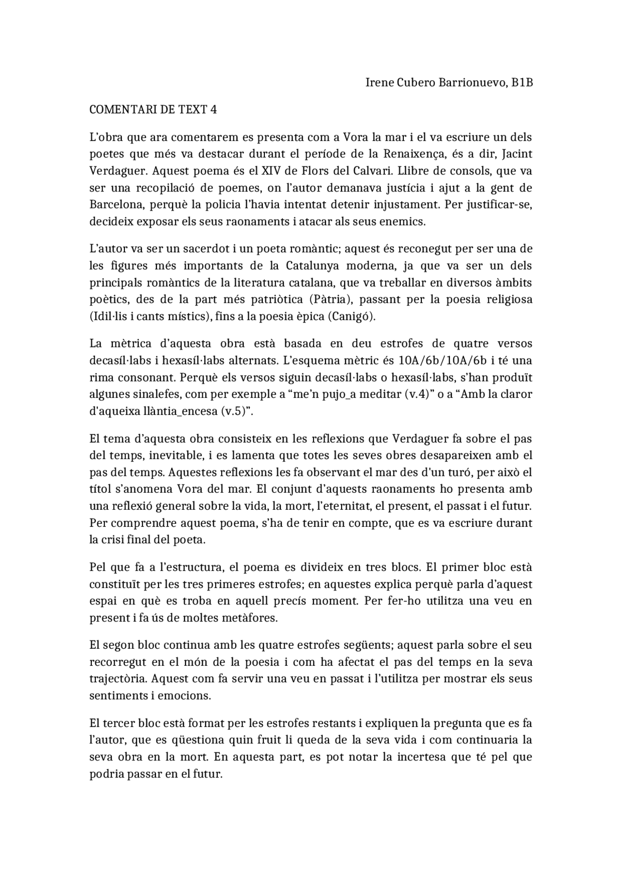Comentari De Vora La Mar Ejercicios De Catalán Docsity