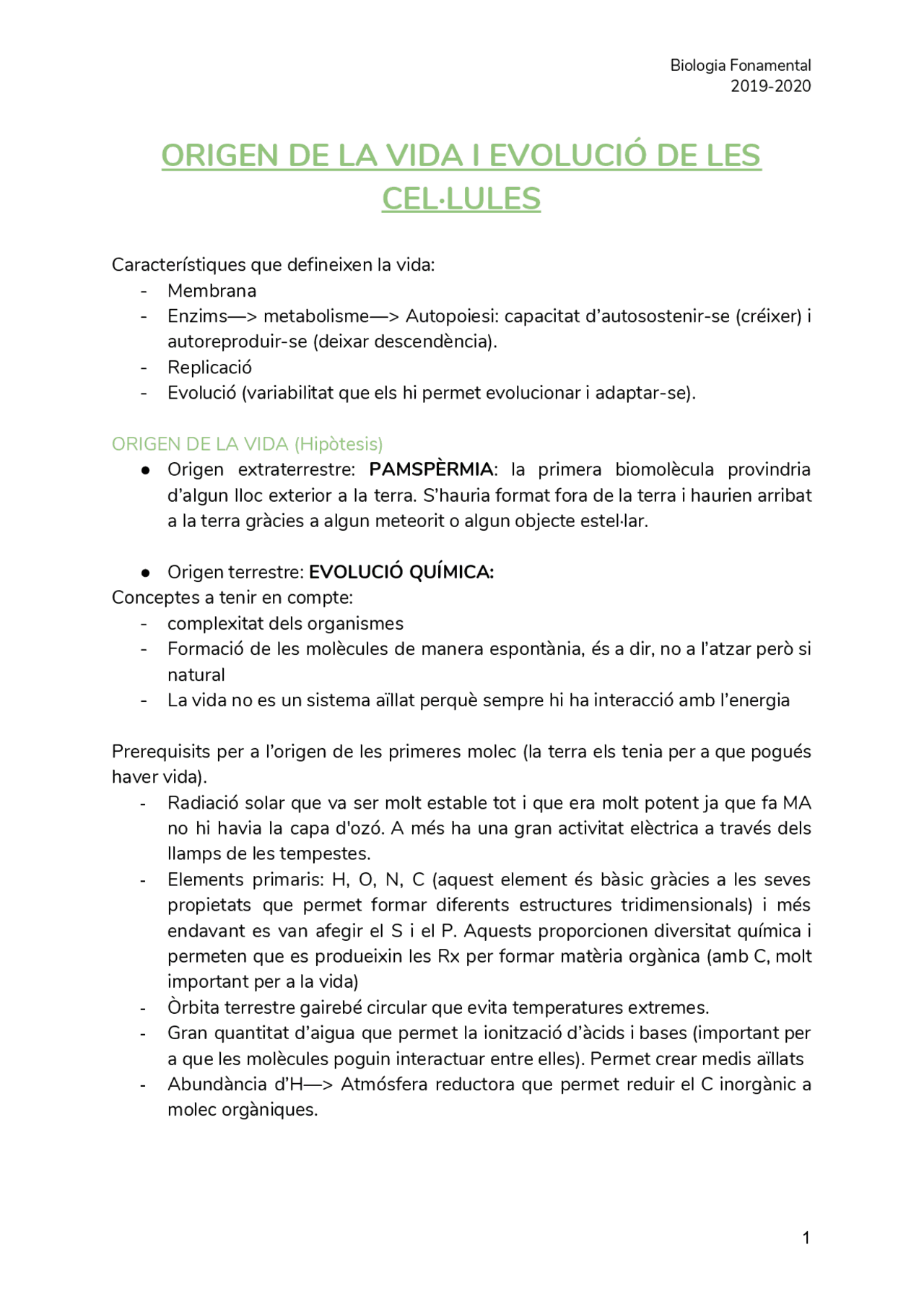 Apunts Bfo Tema Origen De La Vida Docsity
