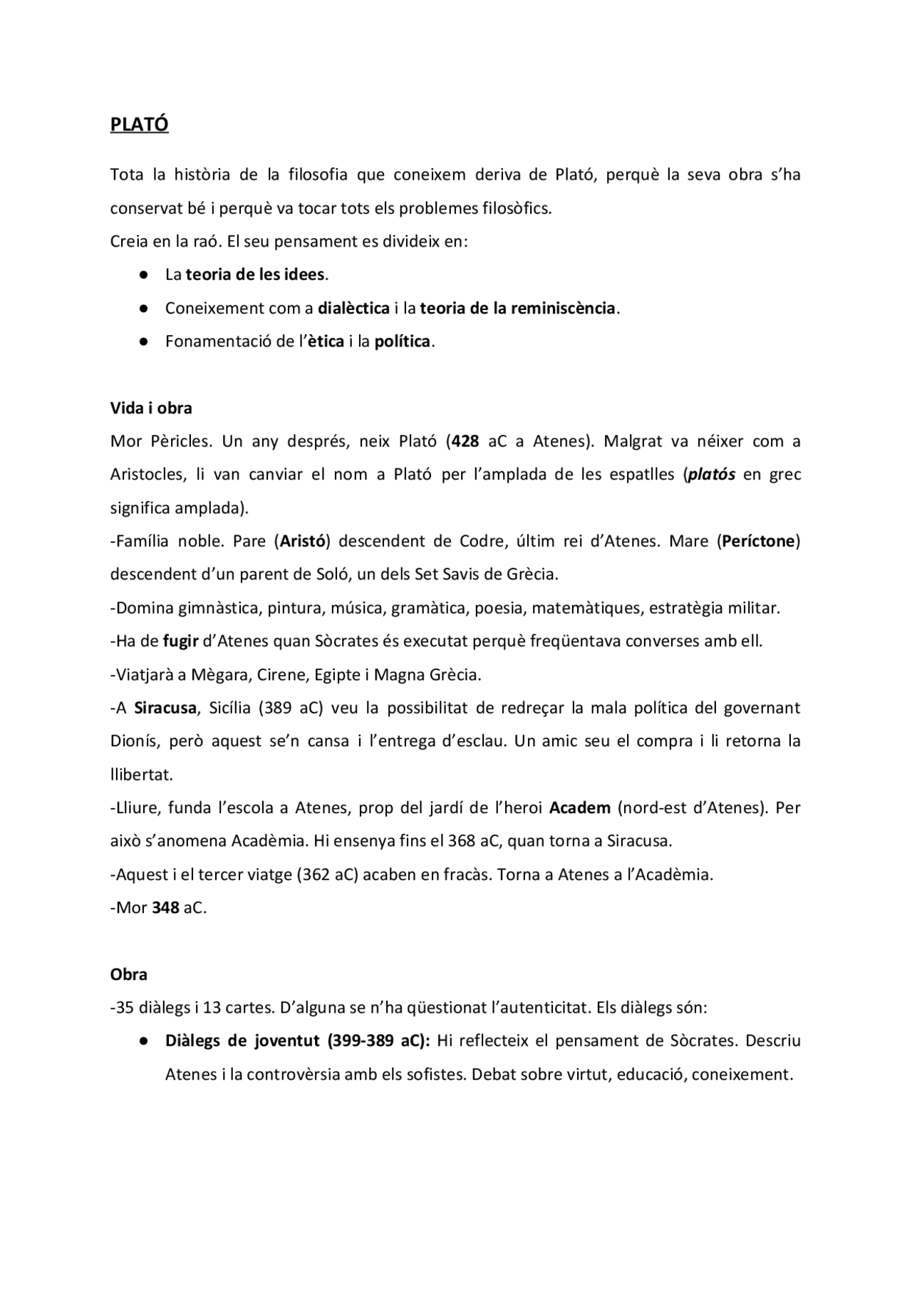 Plató Les Seves Idees I Teories Docsity
