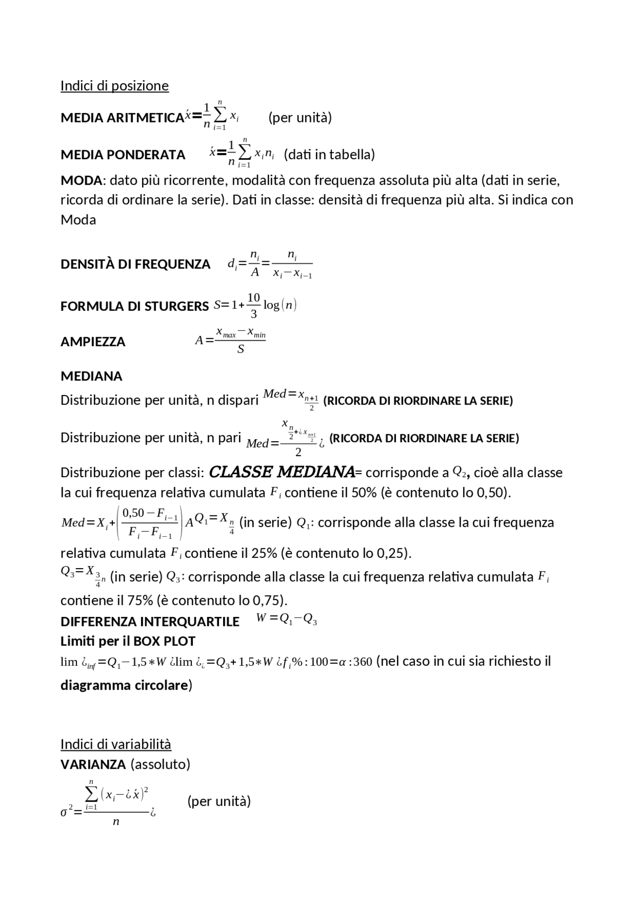 Formulario di Statistica descrittiva e inferenziale (prof. Sarnacchiaro ...