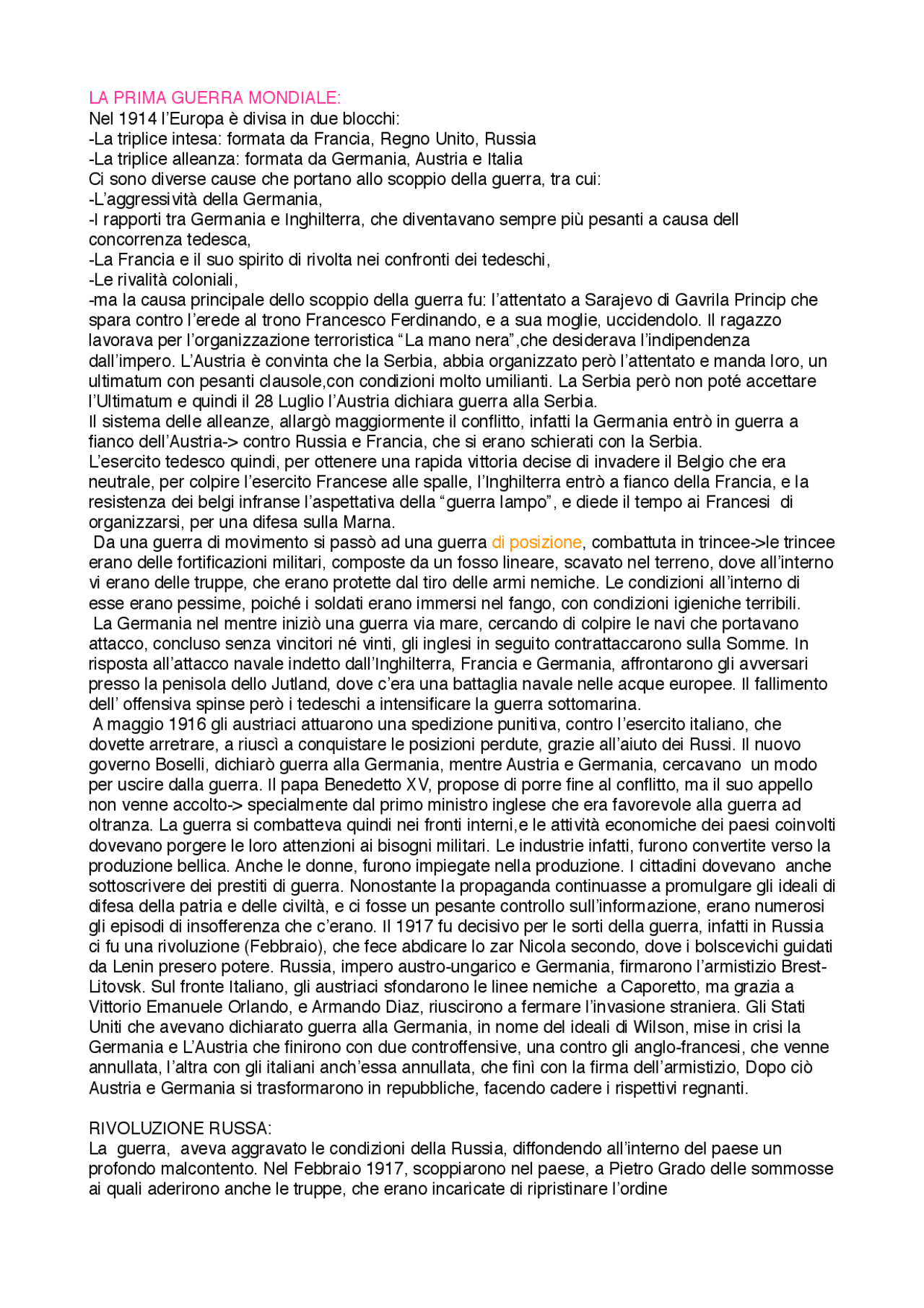 Prima Guerra Mondiale Docsity