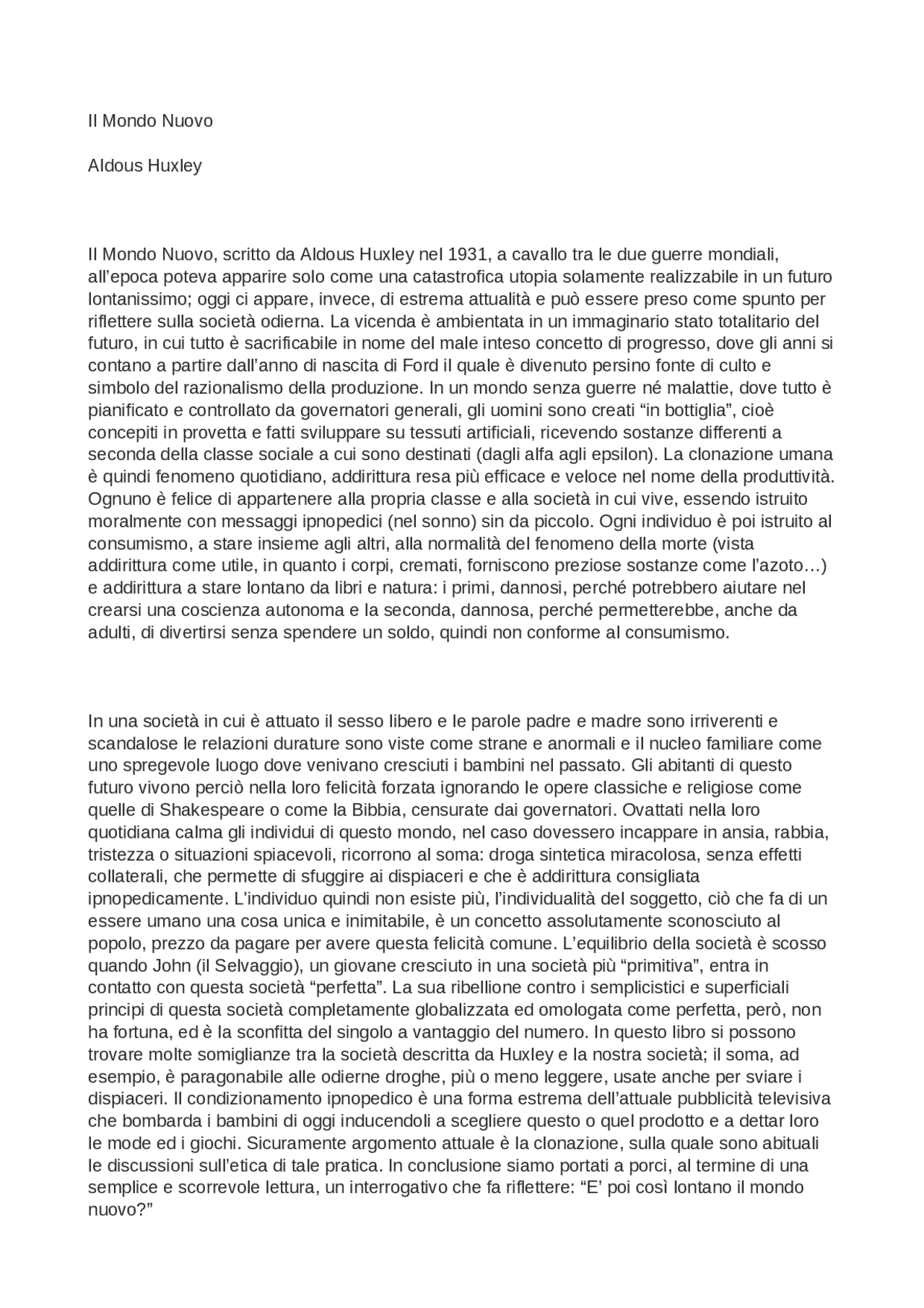 Riassunto Ita Brave The New World Docsity