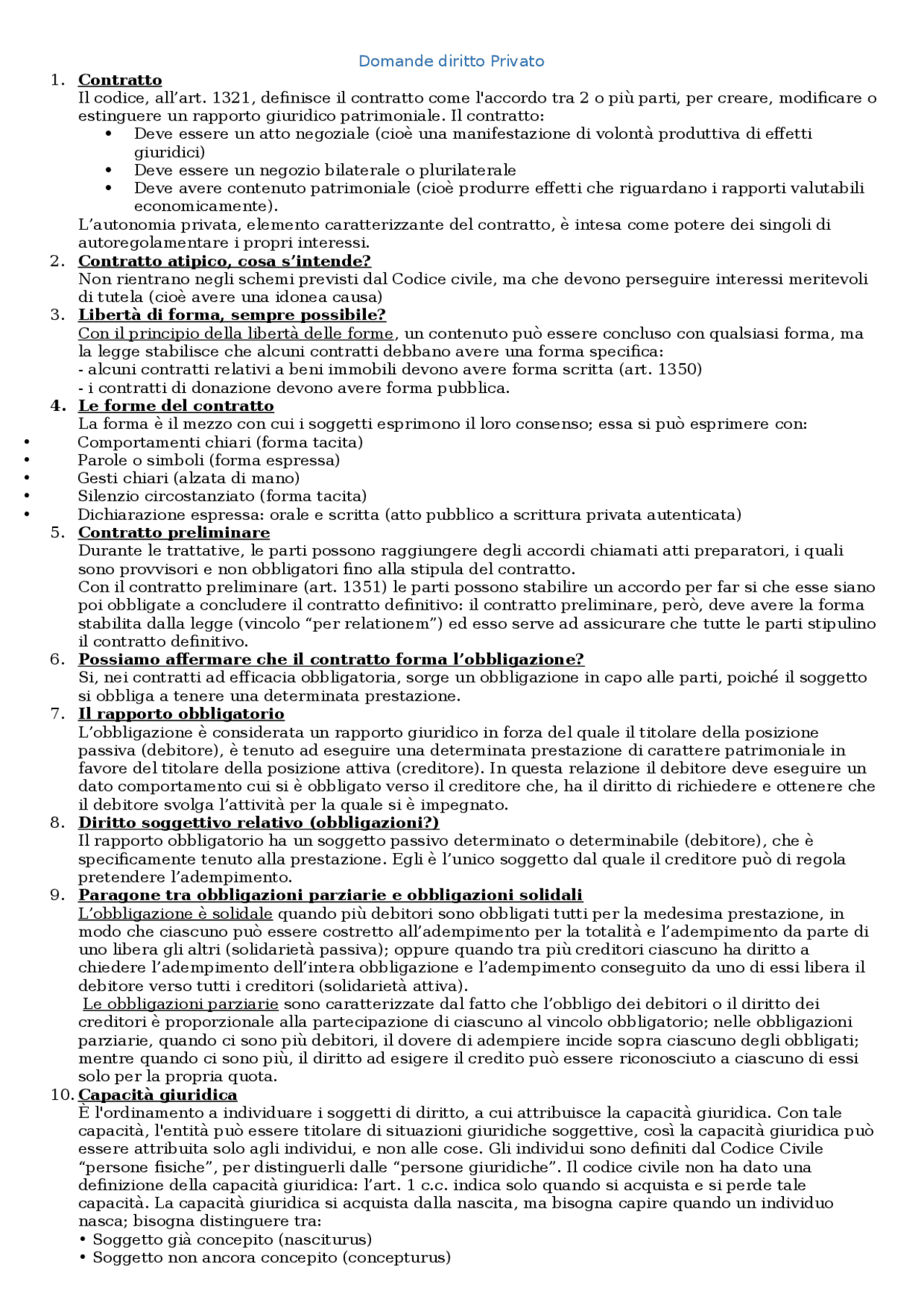 Diritto privato, domande e risposte - Docsity