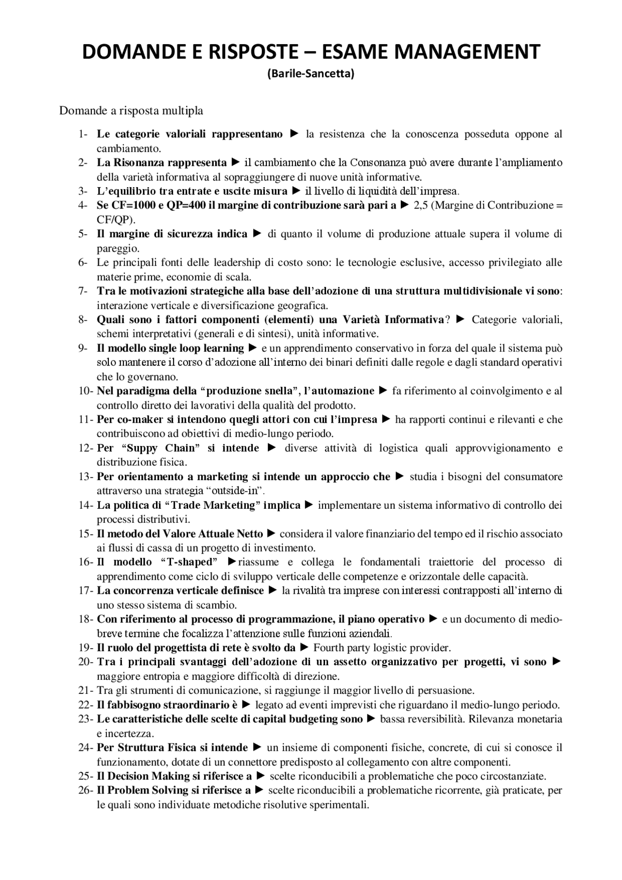 Domande e risposte - Compiti d'esame - Management - Docsity