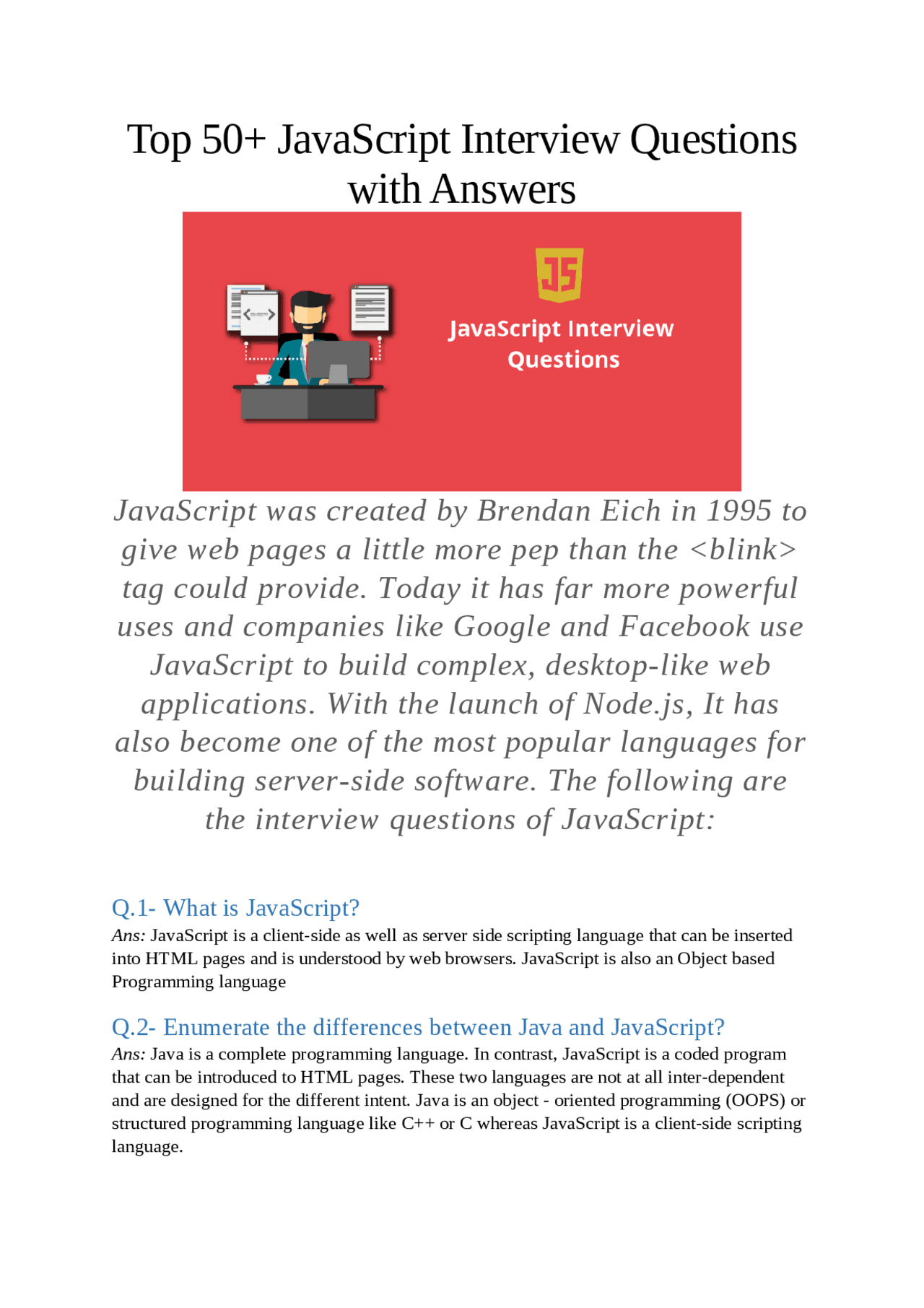 Top 50 Java Script Interview Questions With Answers Docsity