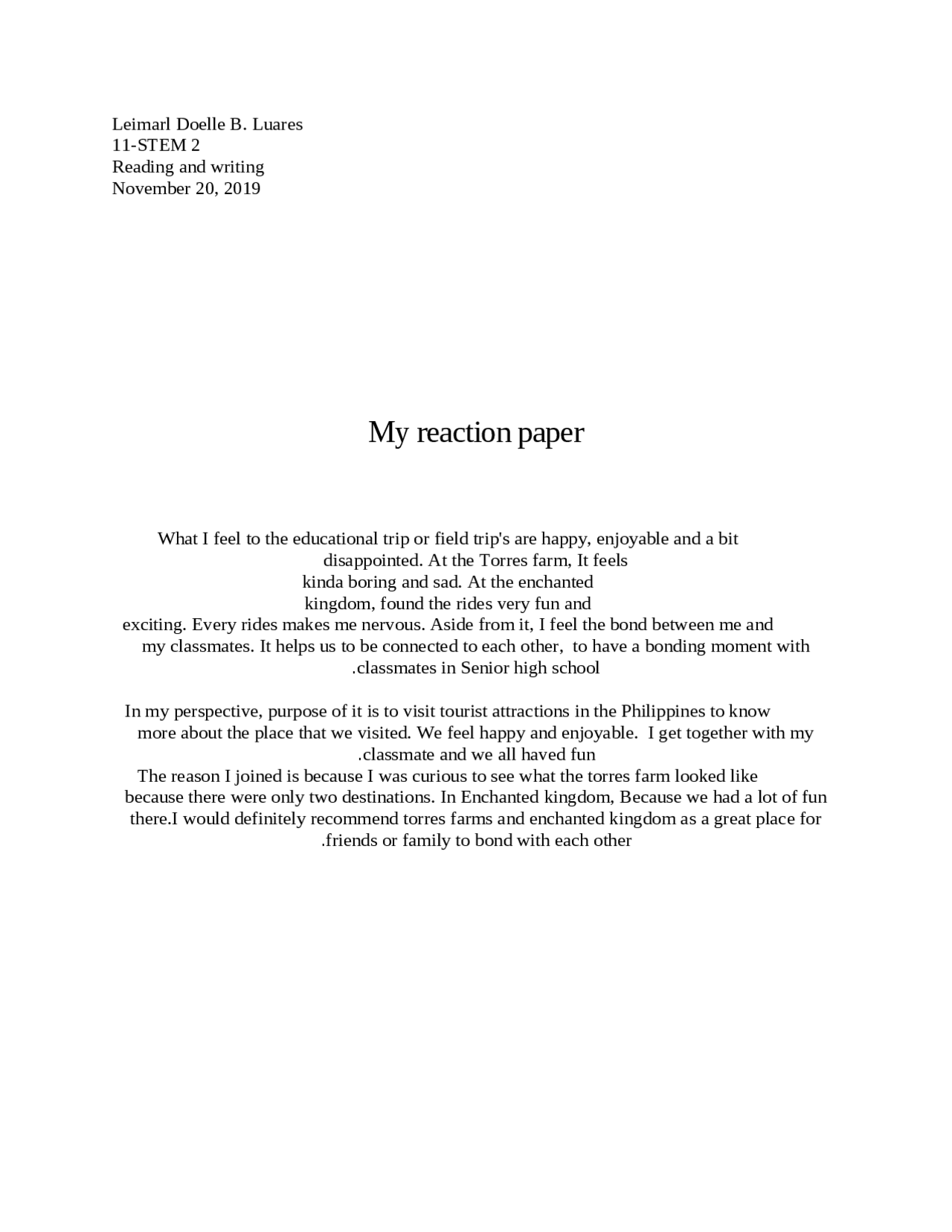Reading and writing: My reaction paper - Docsity