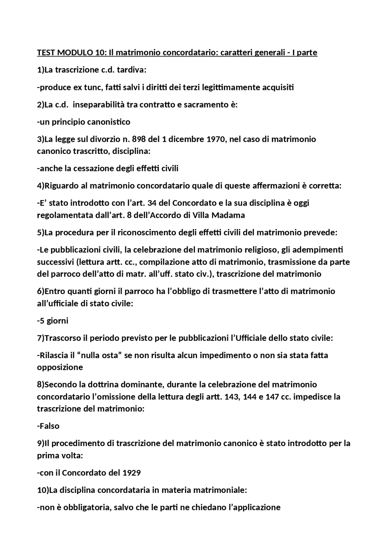 Test Modulo 10 Diritto Ecclesiastico Unicusano Docsity