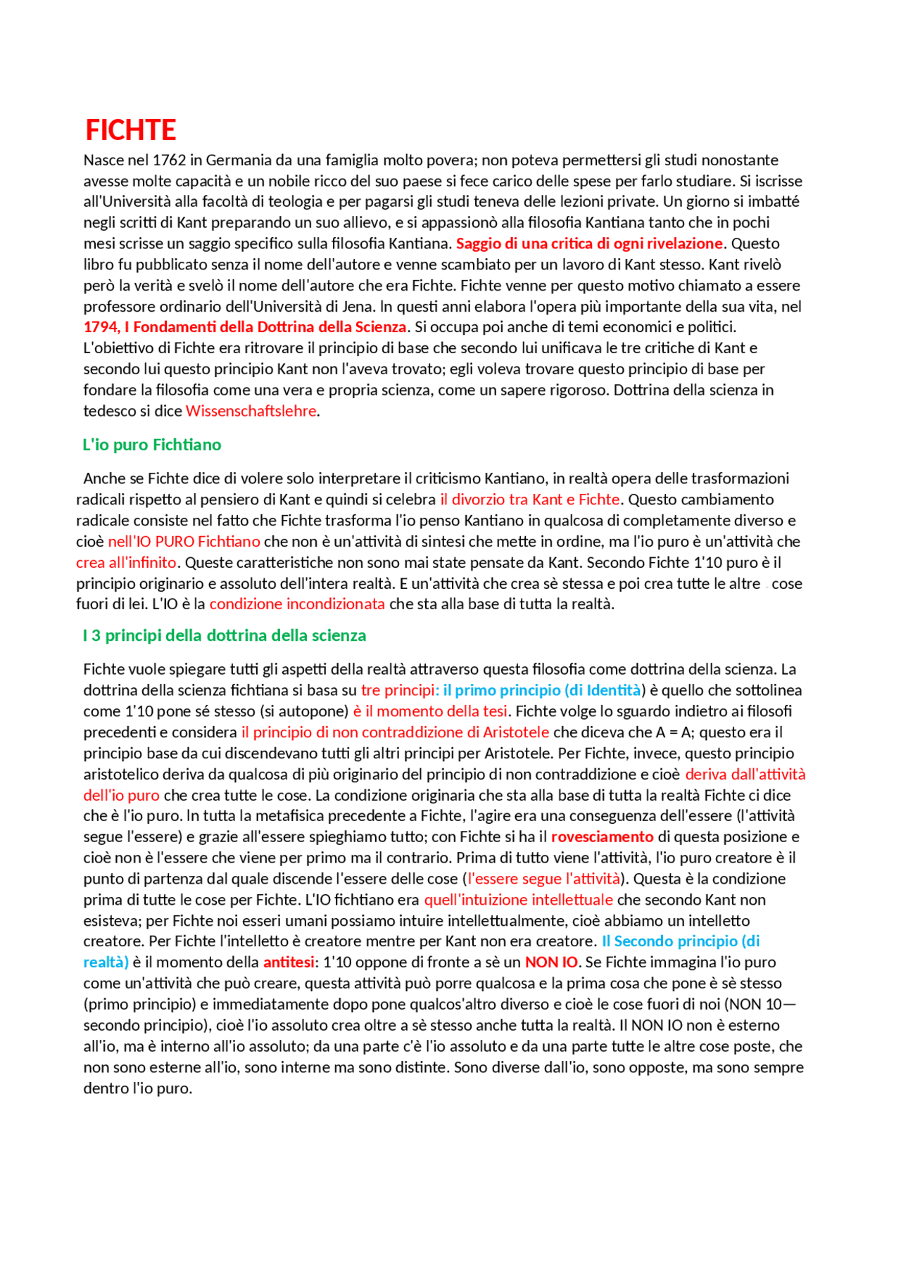 Fichte 1 (Filosofia) SIntesi - Docsity