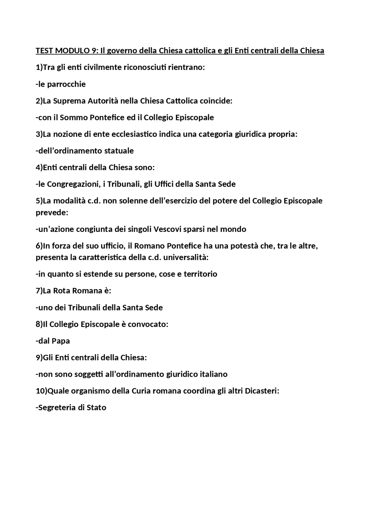 Test Modulo 9 Diritto Ecclesiastico Unicusano Docsity