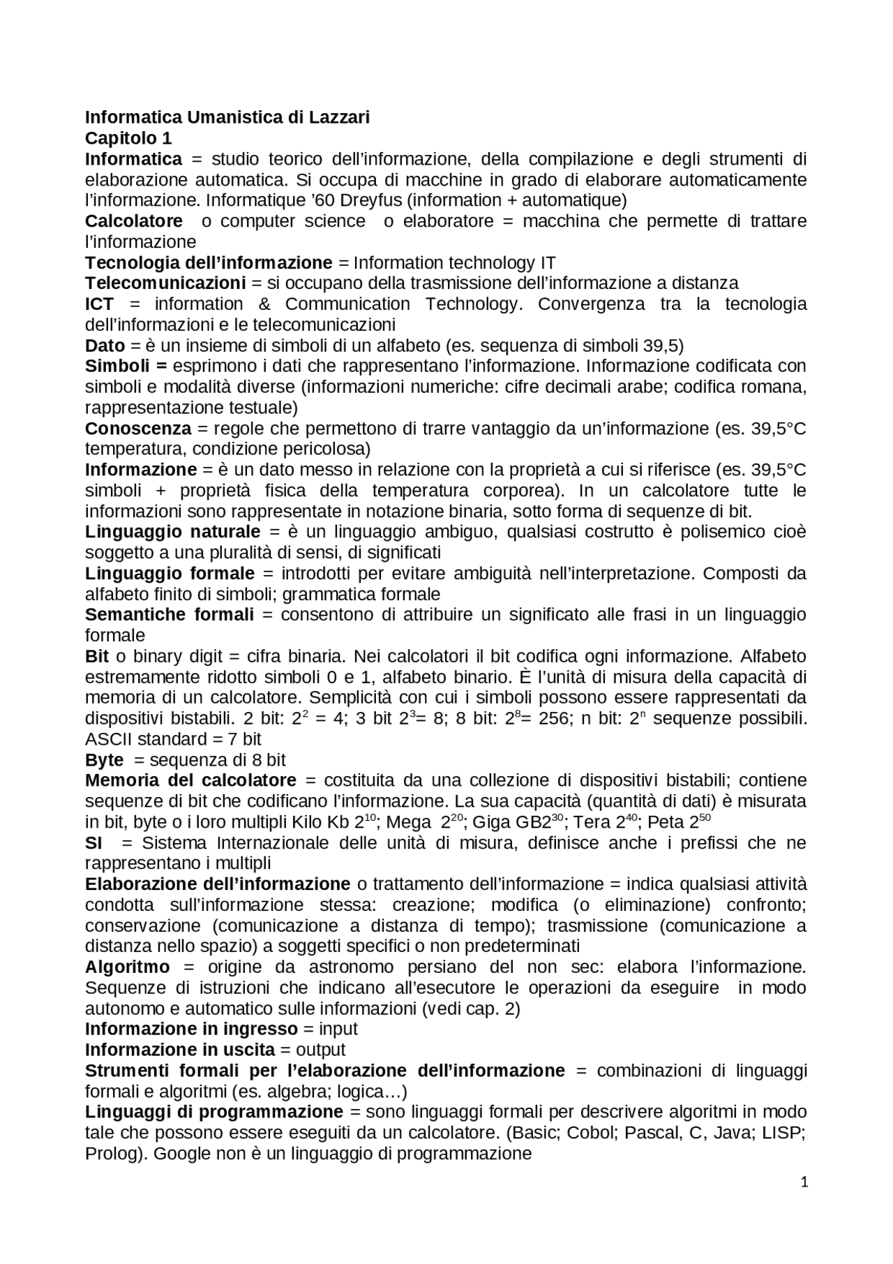 Schemi Cap 1 2 3 Di Informatica Umanistica Di Lazzari Docsity