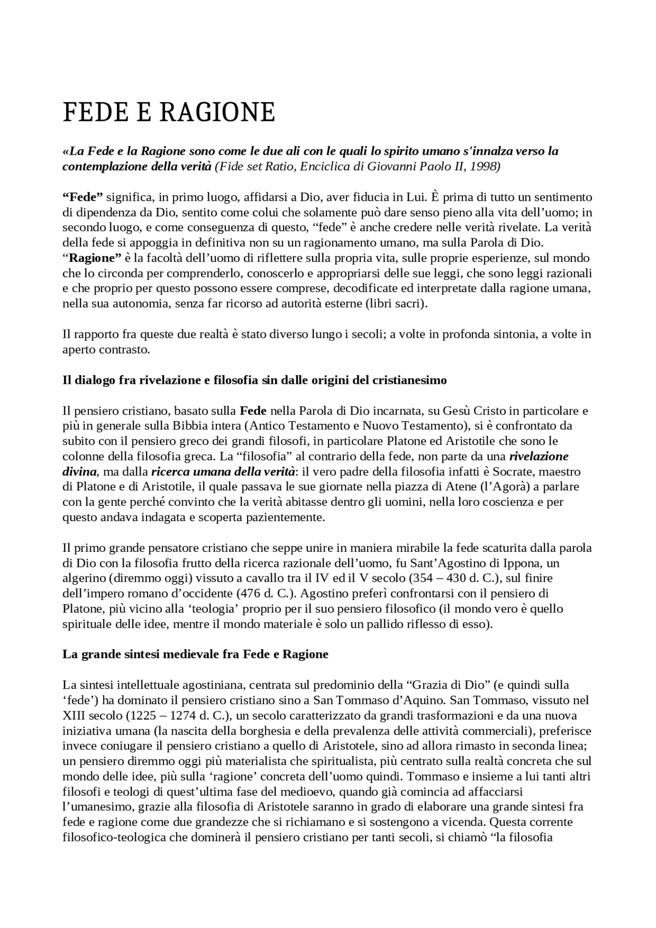 Fede E Ragione Filosofia Storia Docsity