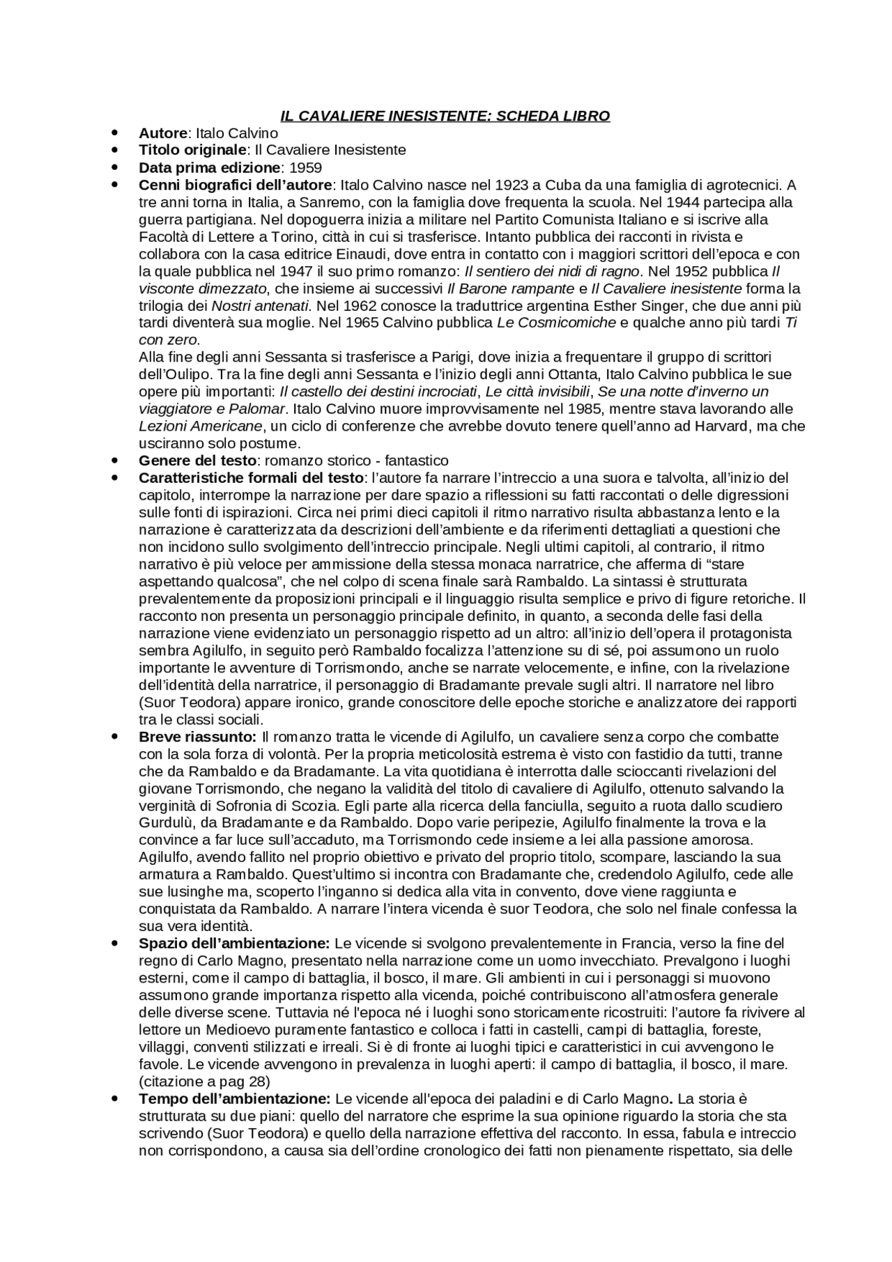 Il Cavaliere Inesistente Scheda Libro Docsity