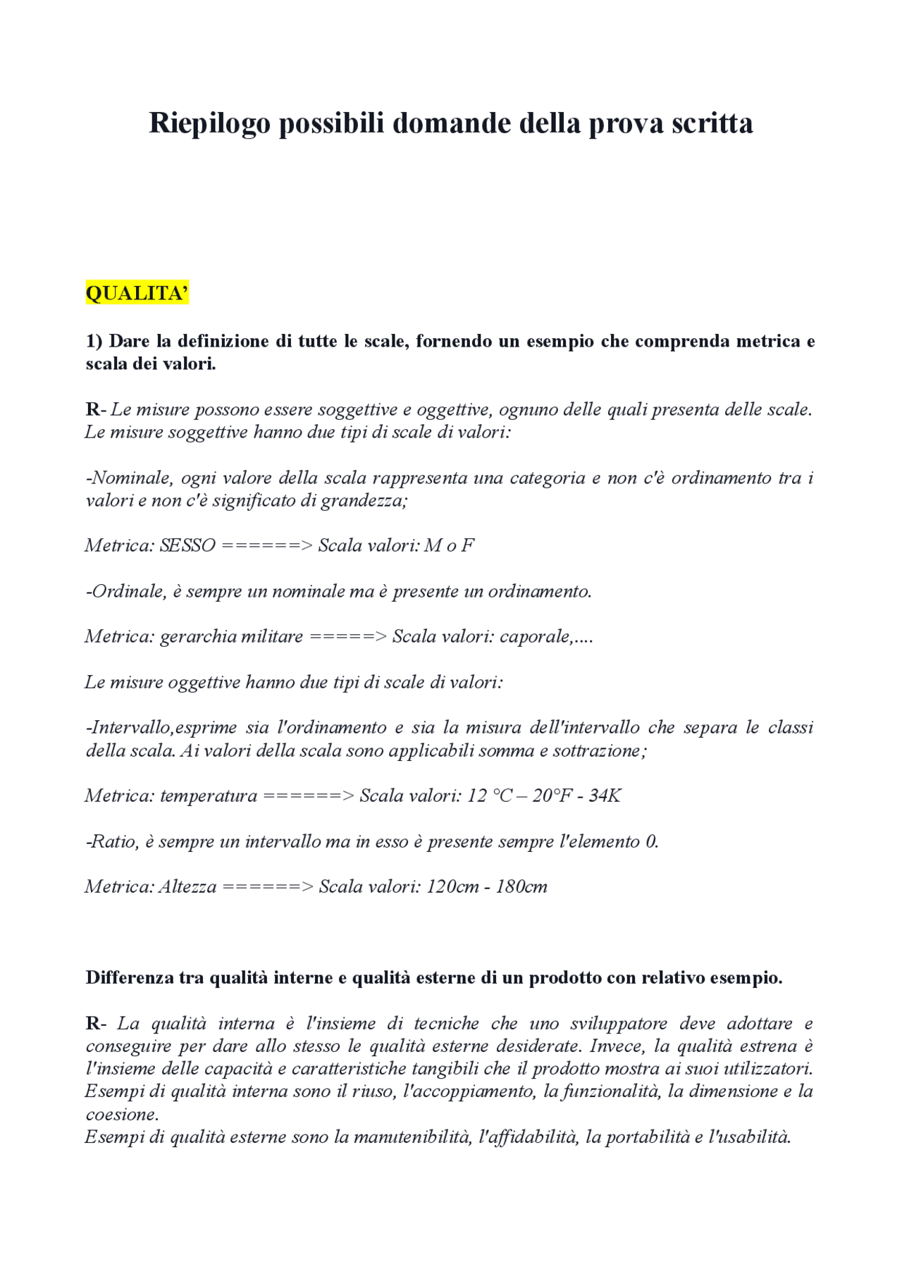 Prove Scritte Dellesame Modelli Per La Qualità Del Software Docsity