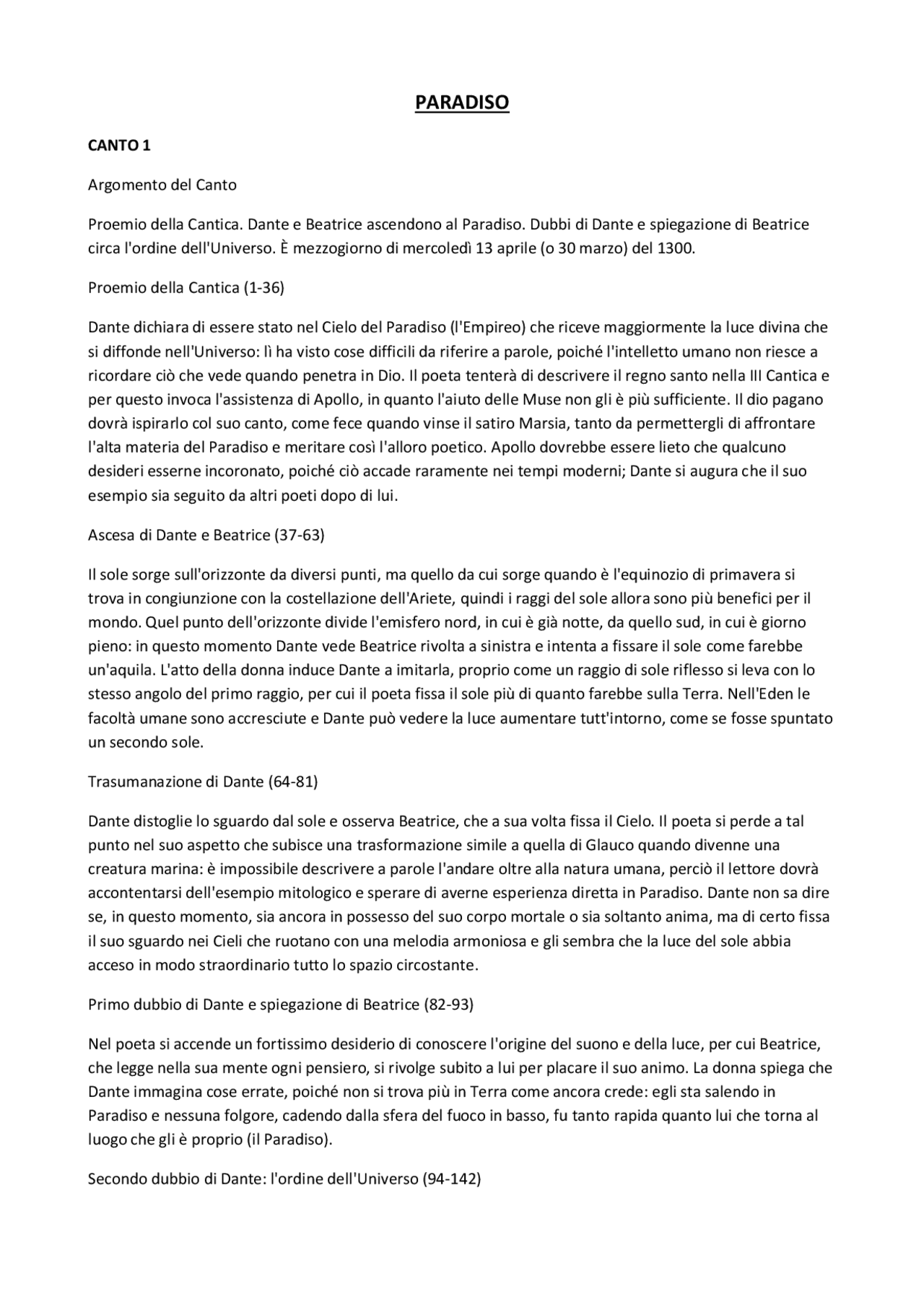 Riassunto Di Alcuni Canti Del Paradiso Divina Commedia Docsity