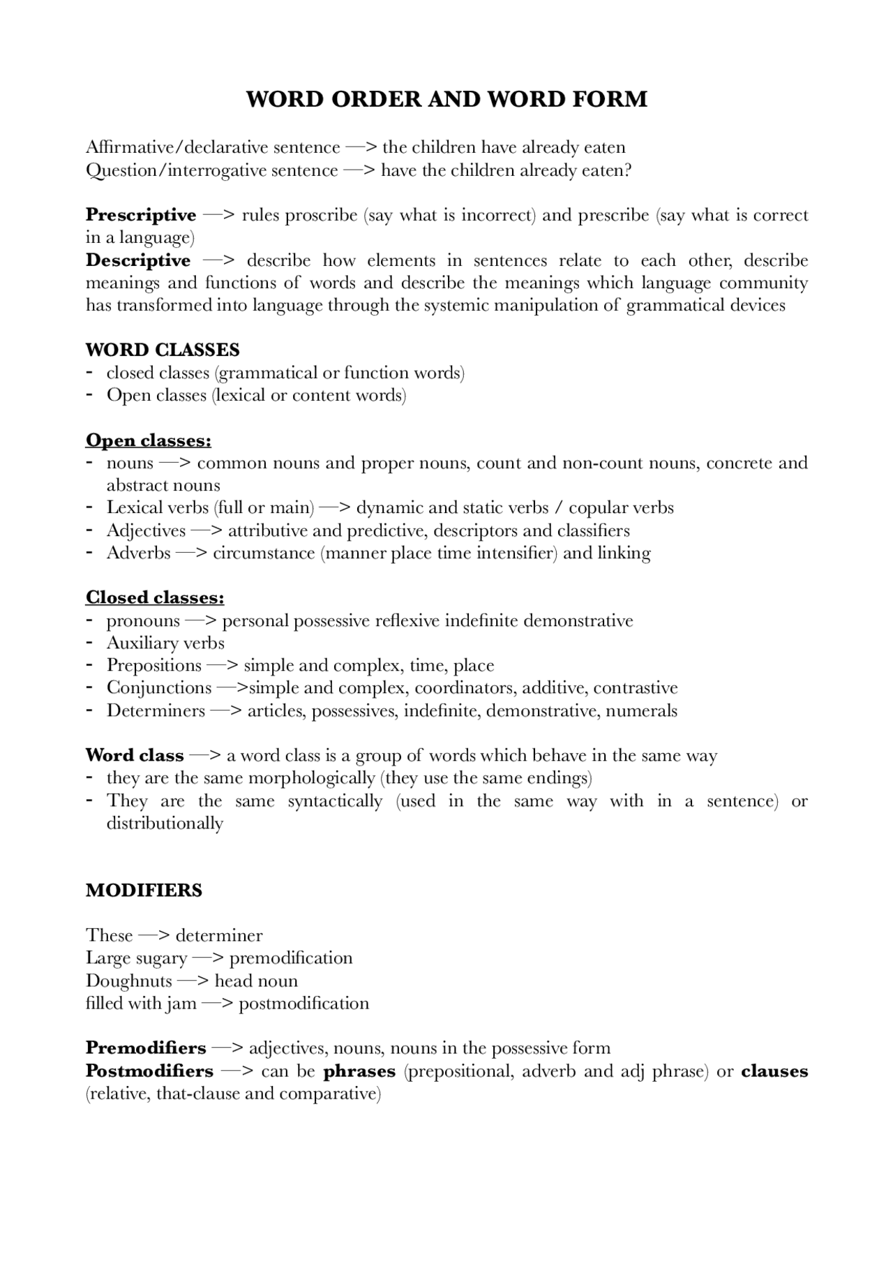 Lingua Inglese 2 Morphosyntax And Lexis Word Classes Docsity