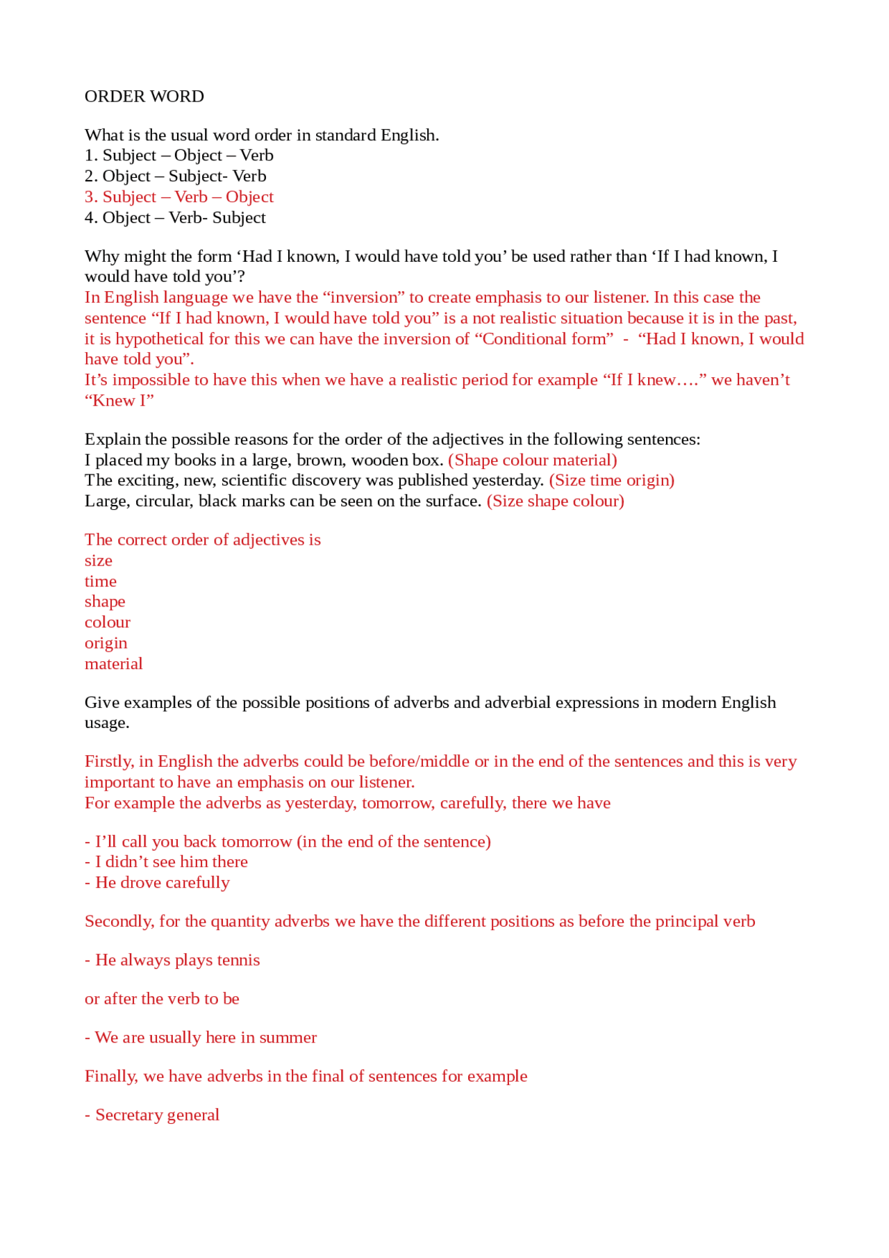 English Grammar: Word Order, Adjectives, and Adverbs | Appunti di ...