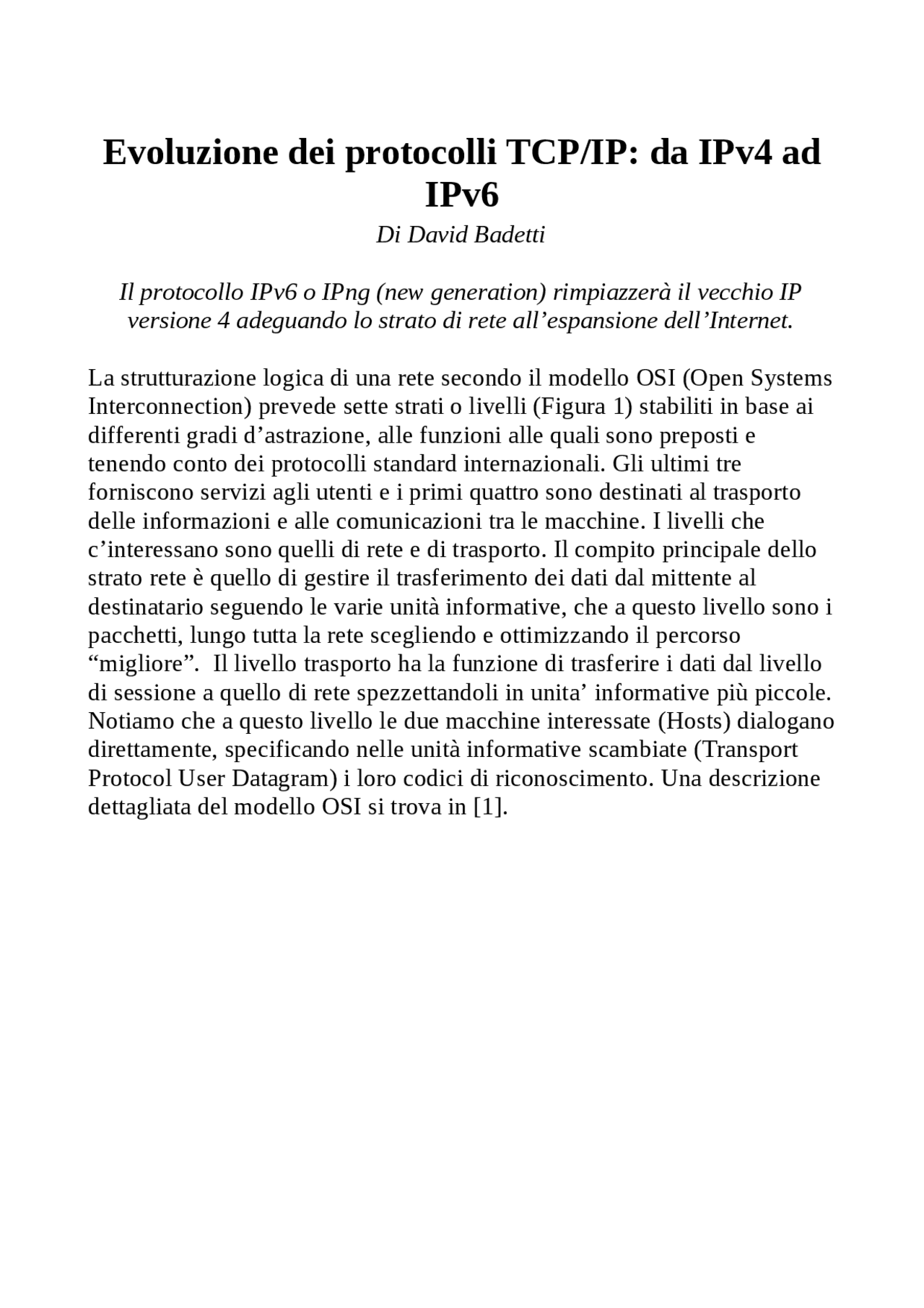 Evoluzione Dei Protocolli Tcpip Da Ipv4 Ad Ipv6 Docsity