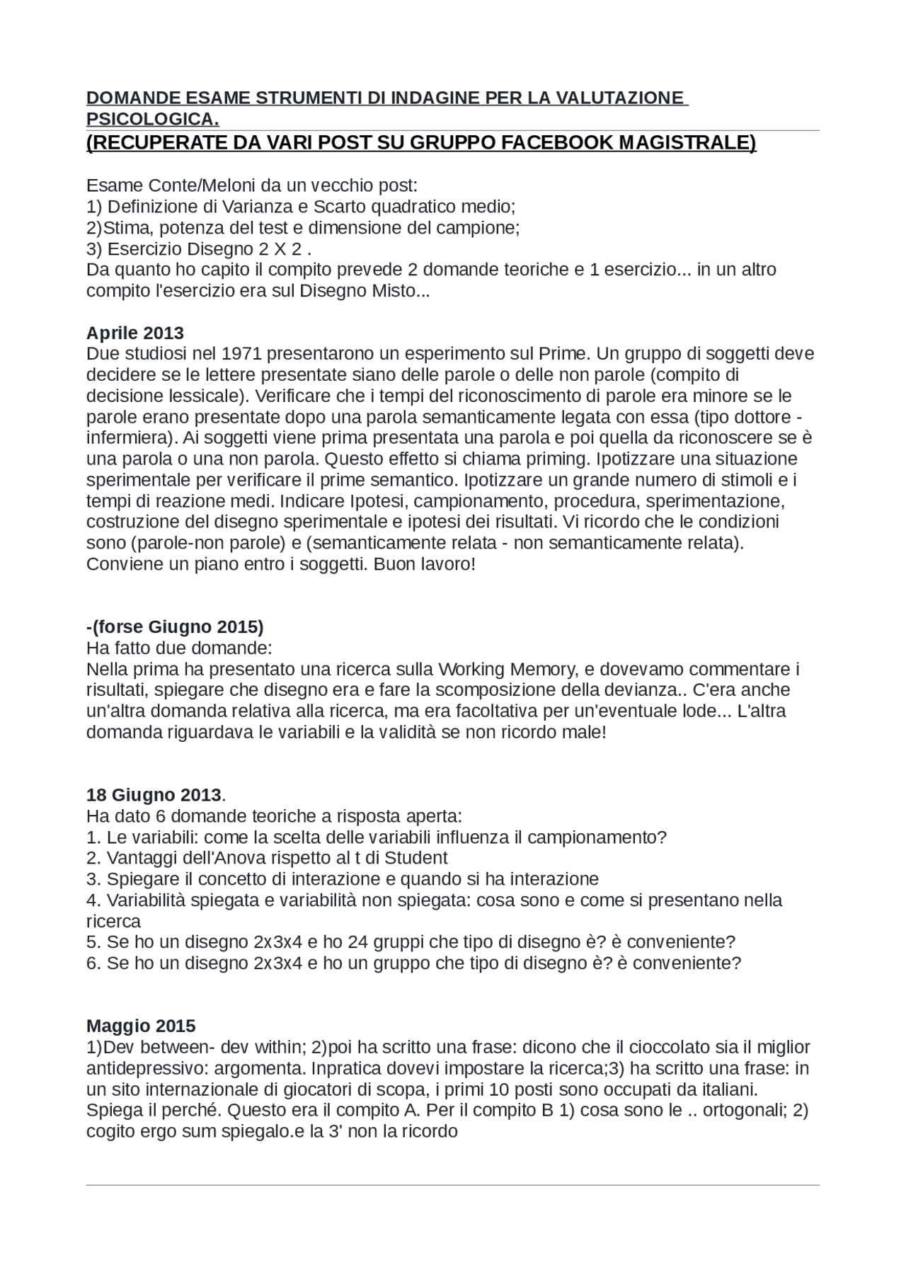 Domande di Strumenti di indagine per la valutazione psicologica - Docsity