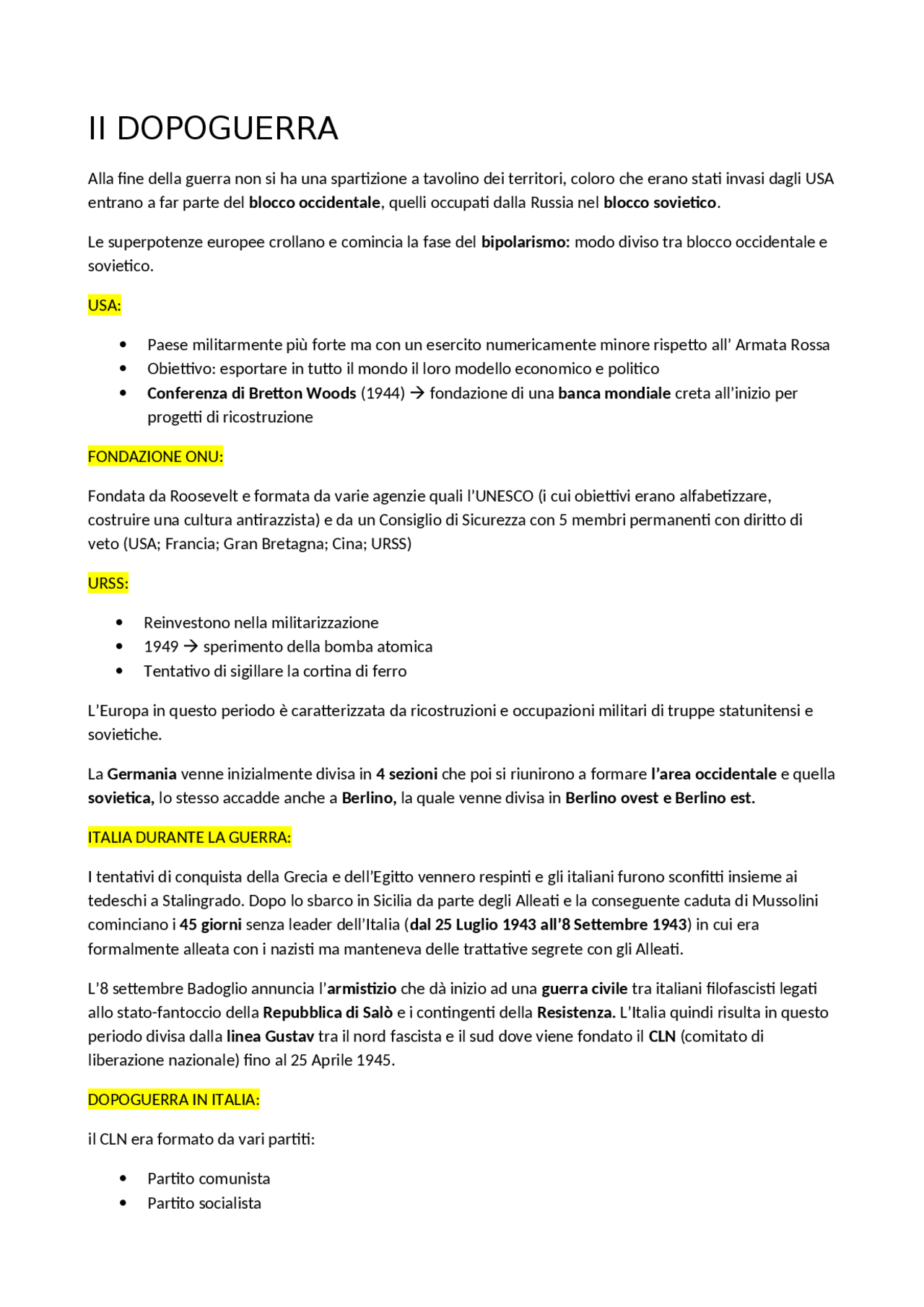 Appunti Sul Secondo Dopoguerra Docsity