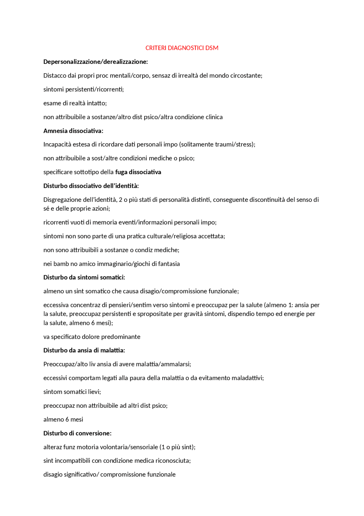 Riassunto criteri DSM - Docsity