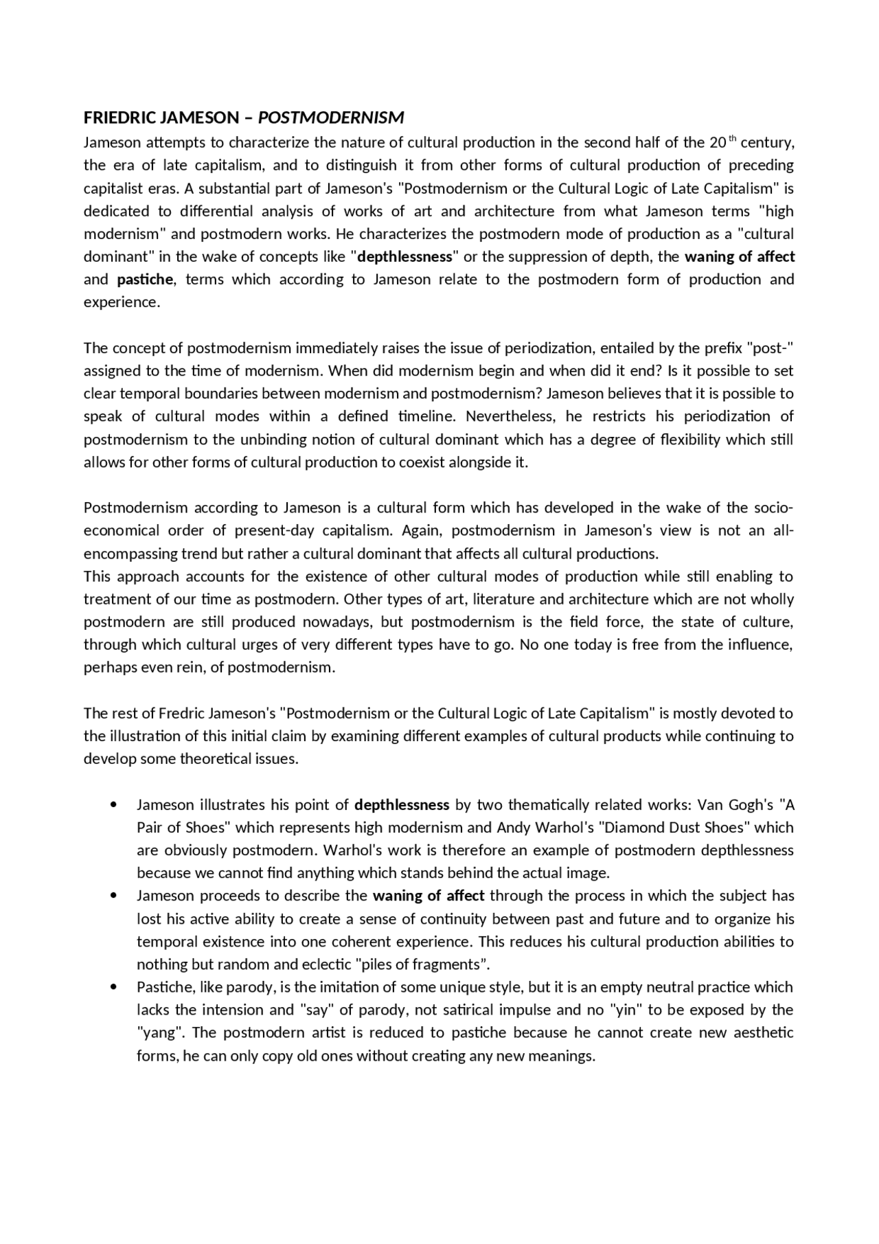 Jameson, Postmodernism | Sintesi del corso di Critica Letteraria | Docsity