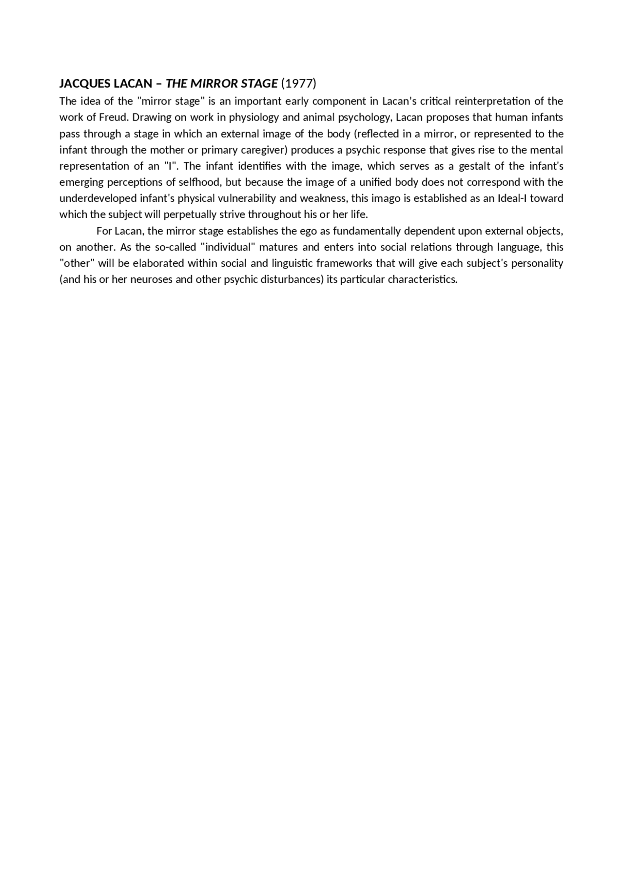 Jacques Lacan, The Mirror Stage - Docsity
