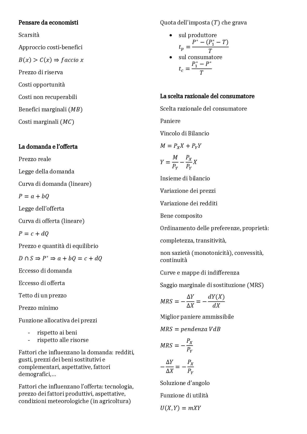 Formulario Di Microeconomia Con Concetti Chiave Docsity