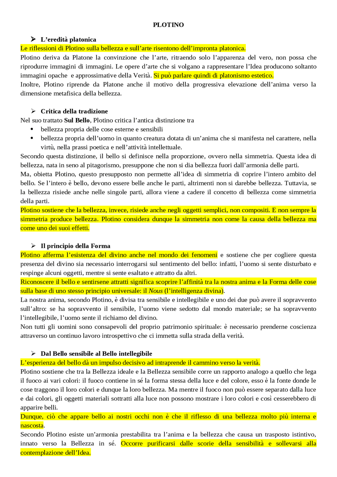 Plotino e il trattato "Sul Bello" - Docsity