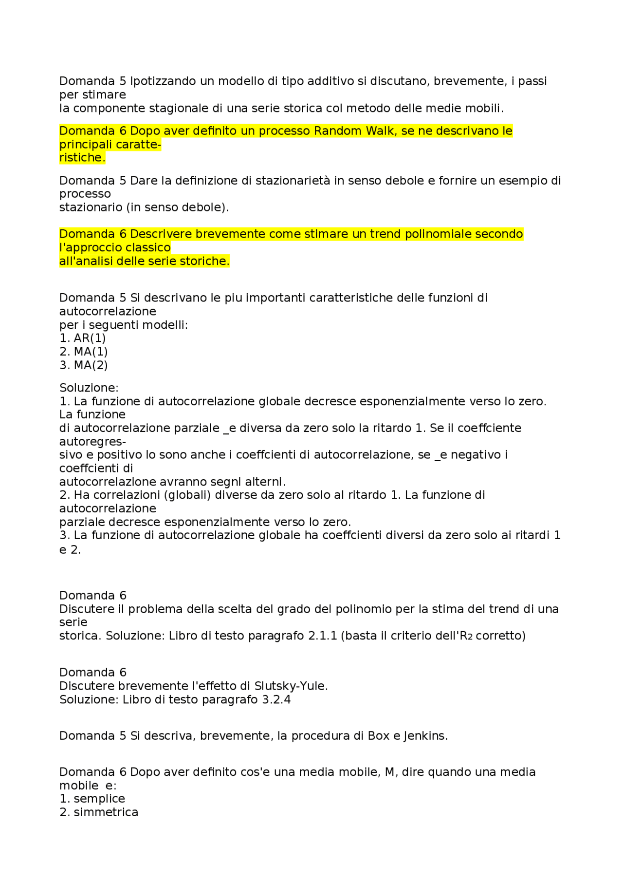 Domande Teoria Serie Storiche Docsity
