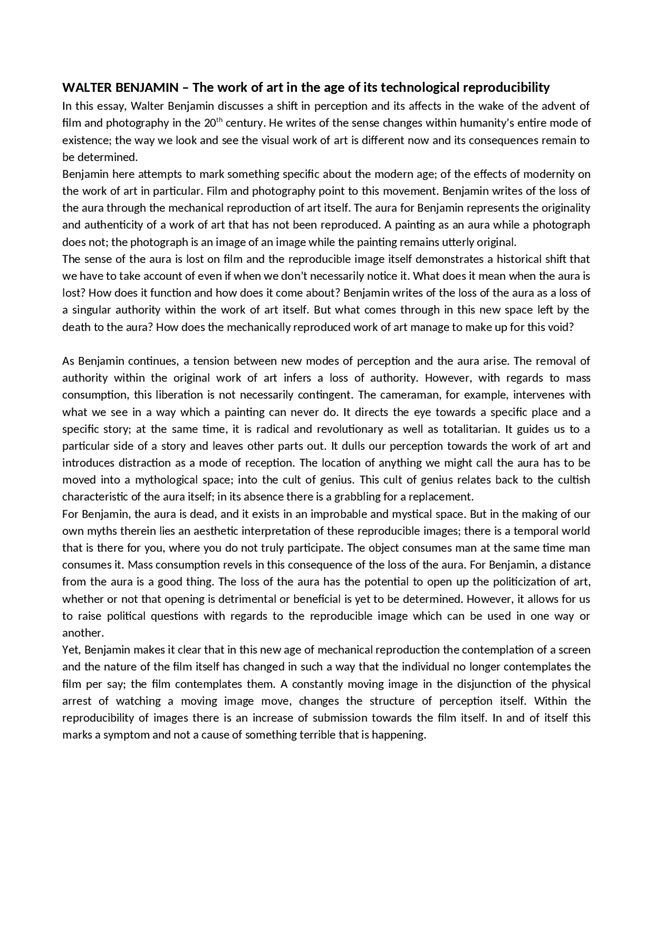 Walter Benjamin, The work of art in the age of its technological ...