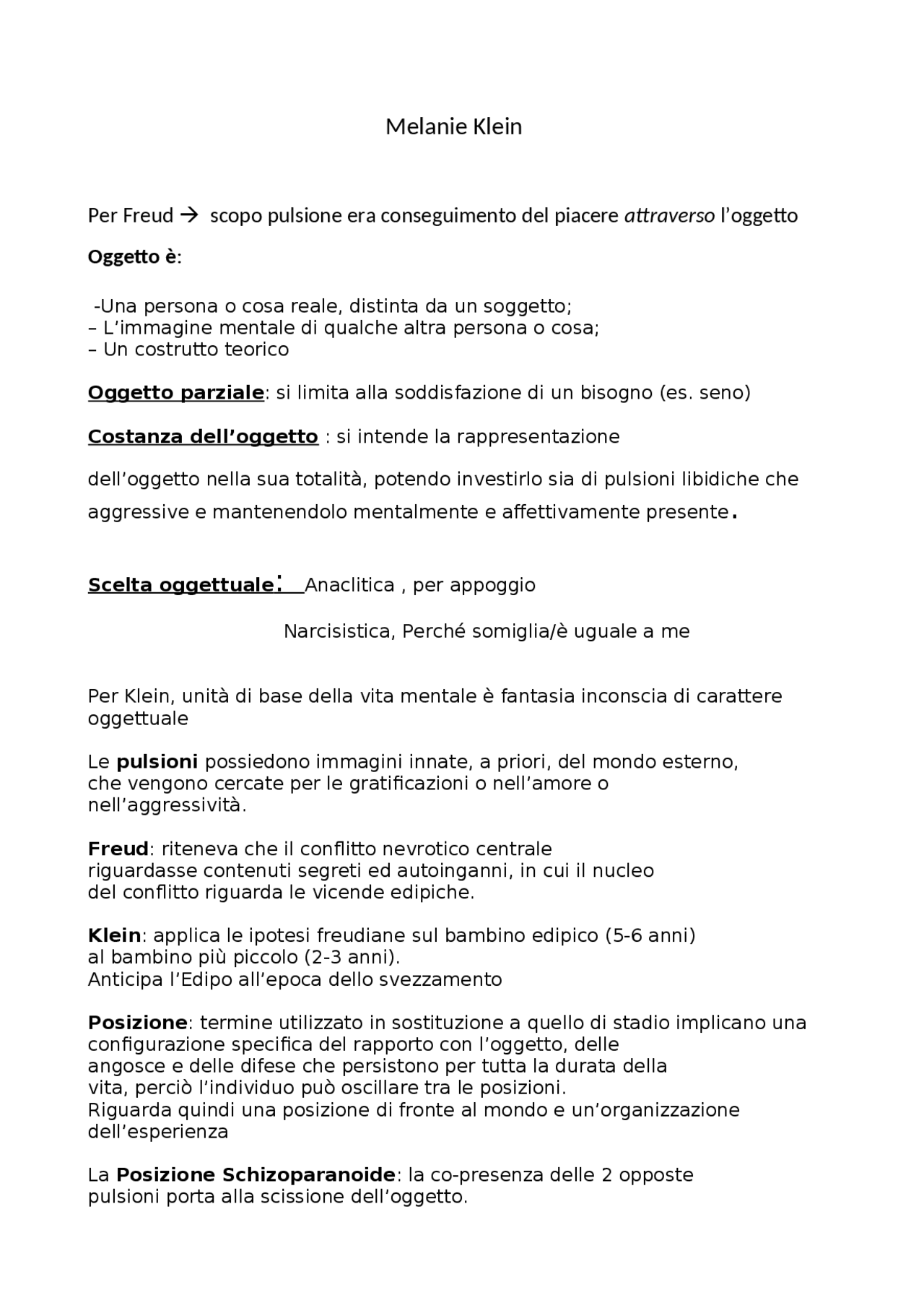 Sintesi Melanie Klein Docsity