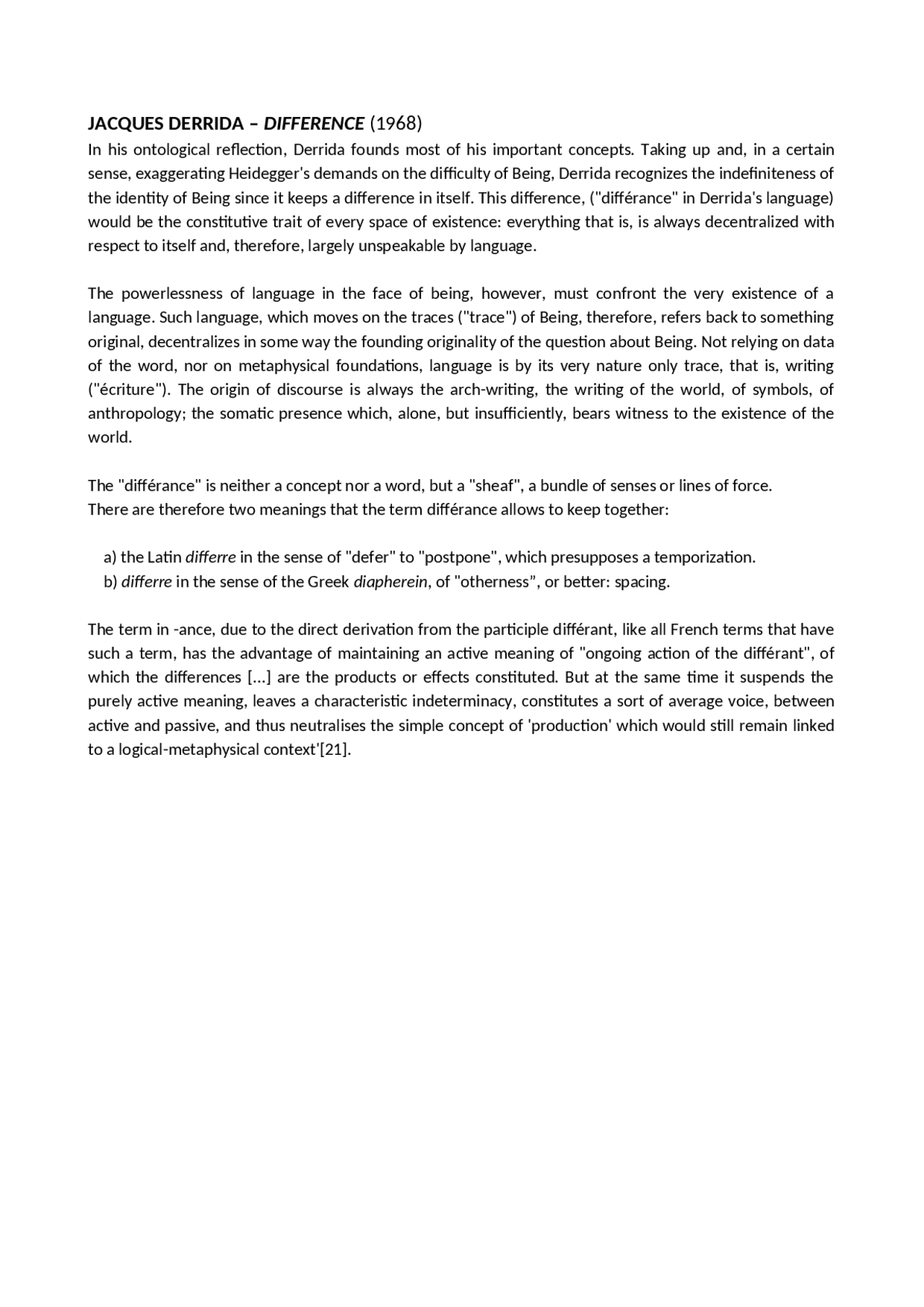 Jacques Derrida, Différance - Docsity