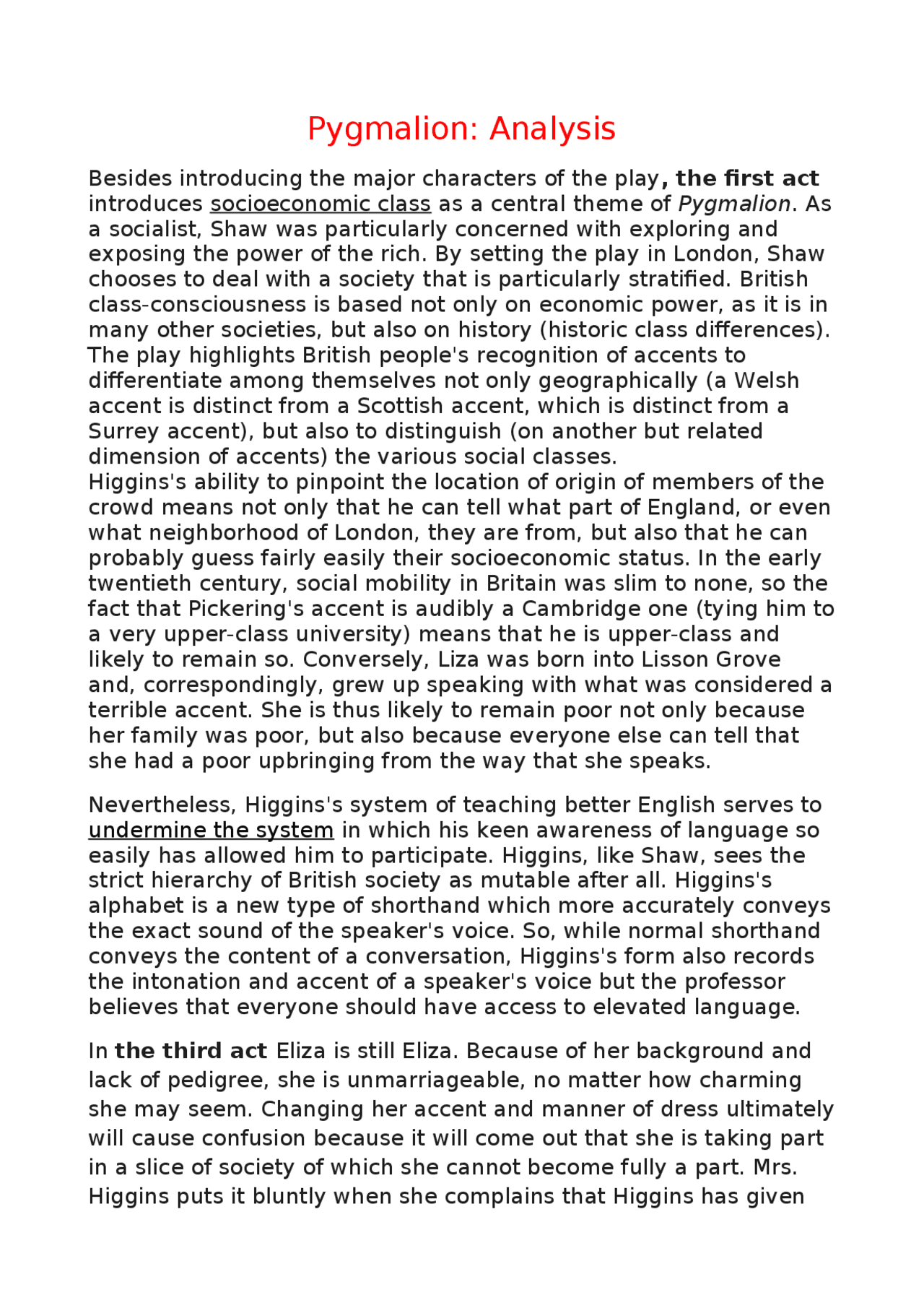 Pygmalion analysis di George Bernard Shaw - Docsity