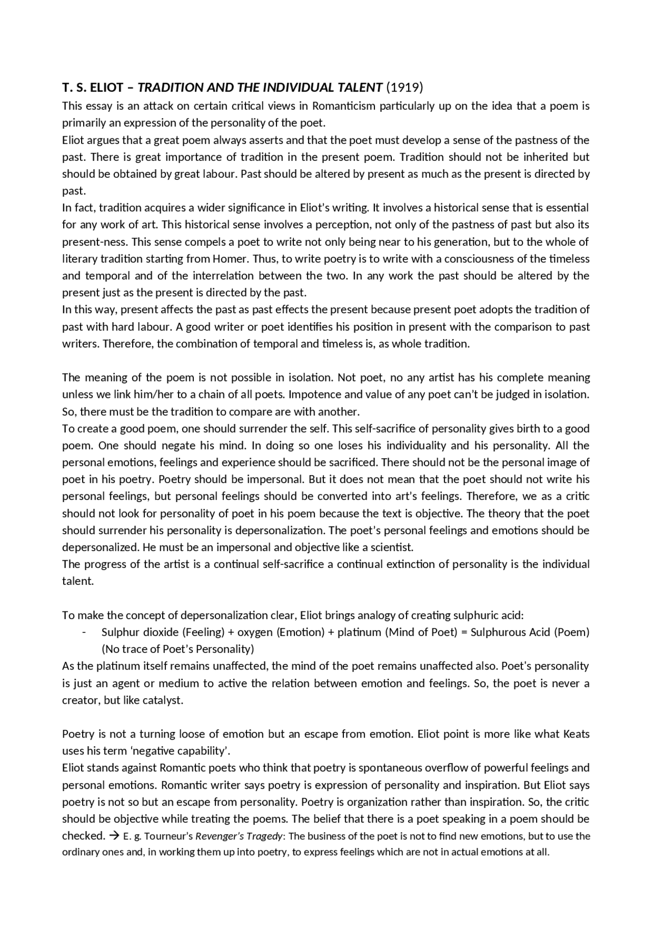 T. S. Eliot, Tradition and the Individual Talent - Docsity