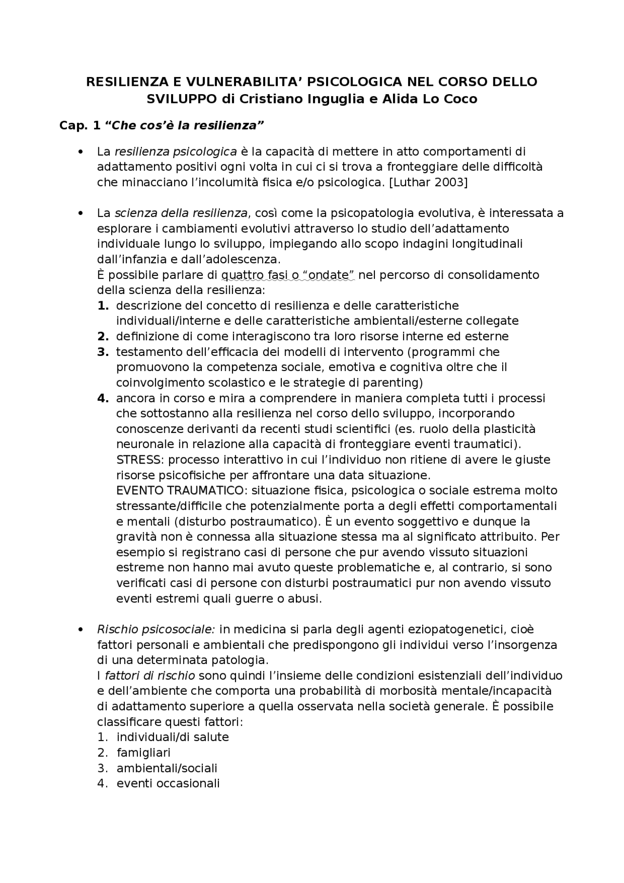 Riassunto Del Libro Resilienza E Vulnerabiità Docsity