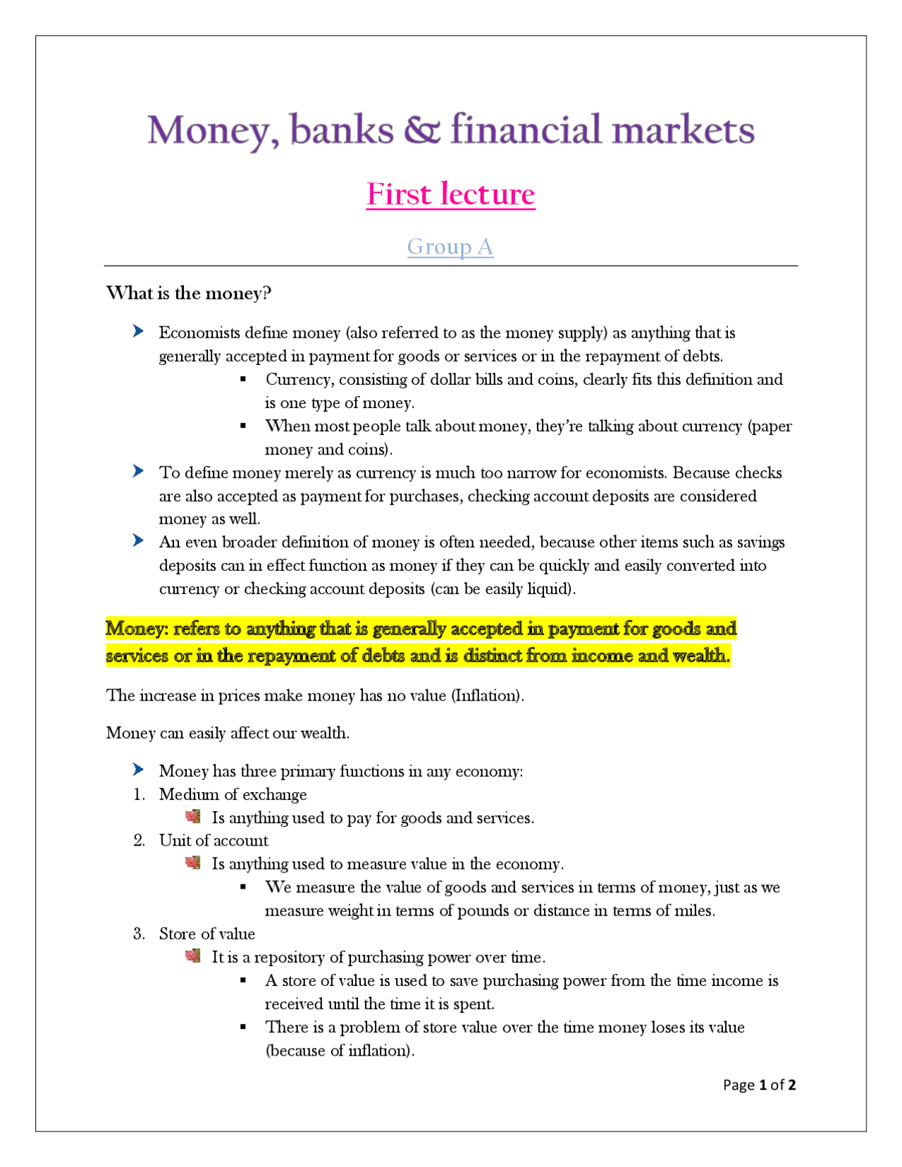 money banking lectures | Lecture notes Banking and Finance | Docsity