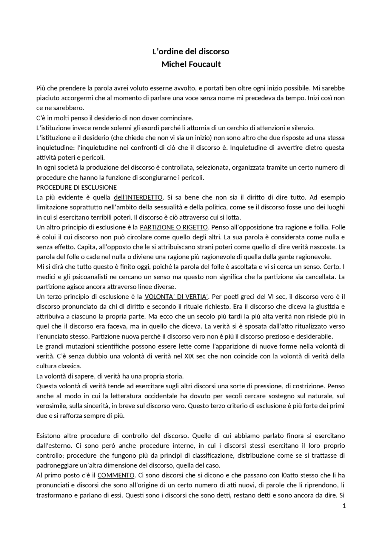 Lordine Del Discorso Michel Foucault Docsity