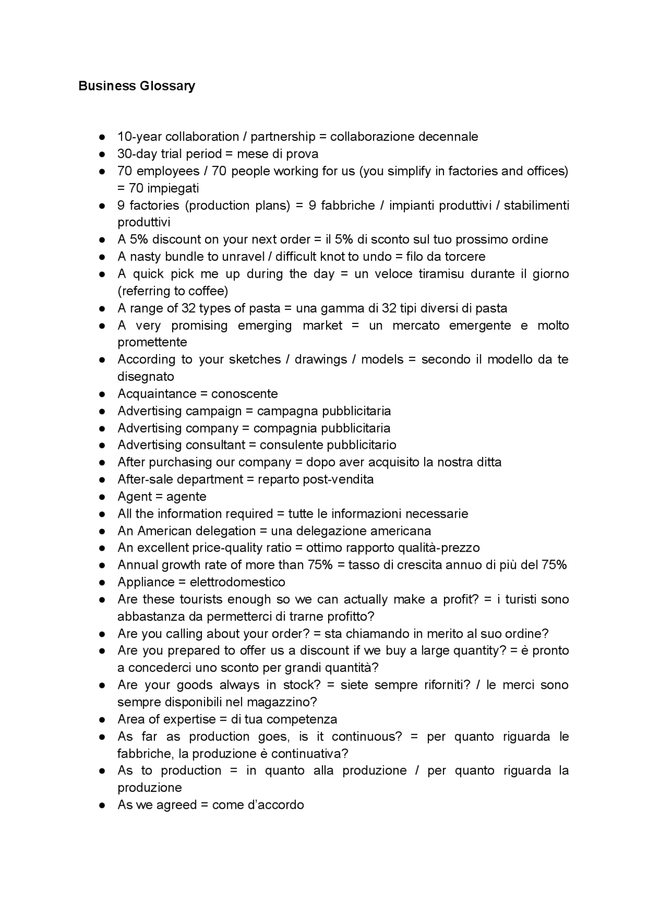 Glossario italiano-inglese argomento "Business" - Docsity