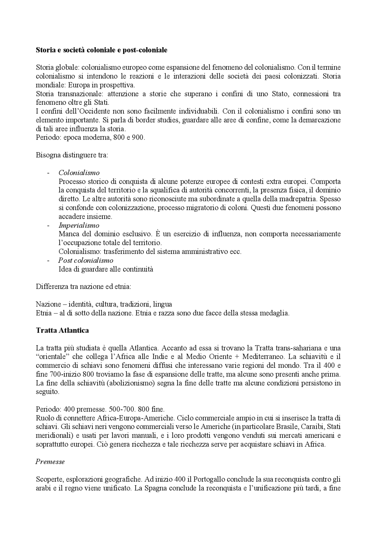 Appunti Storia e società coloniale e post coloniale - Docsity