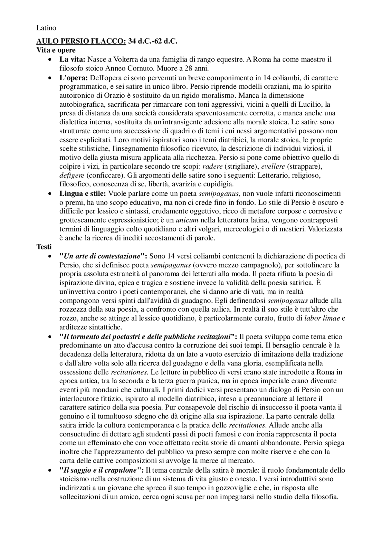Appunti di latino per la prova di maturità su Persio e Giovenale | Appunti di Latino - Docsity