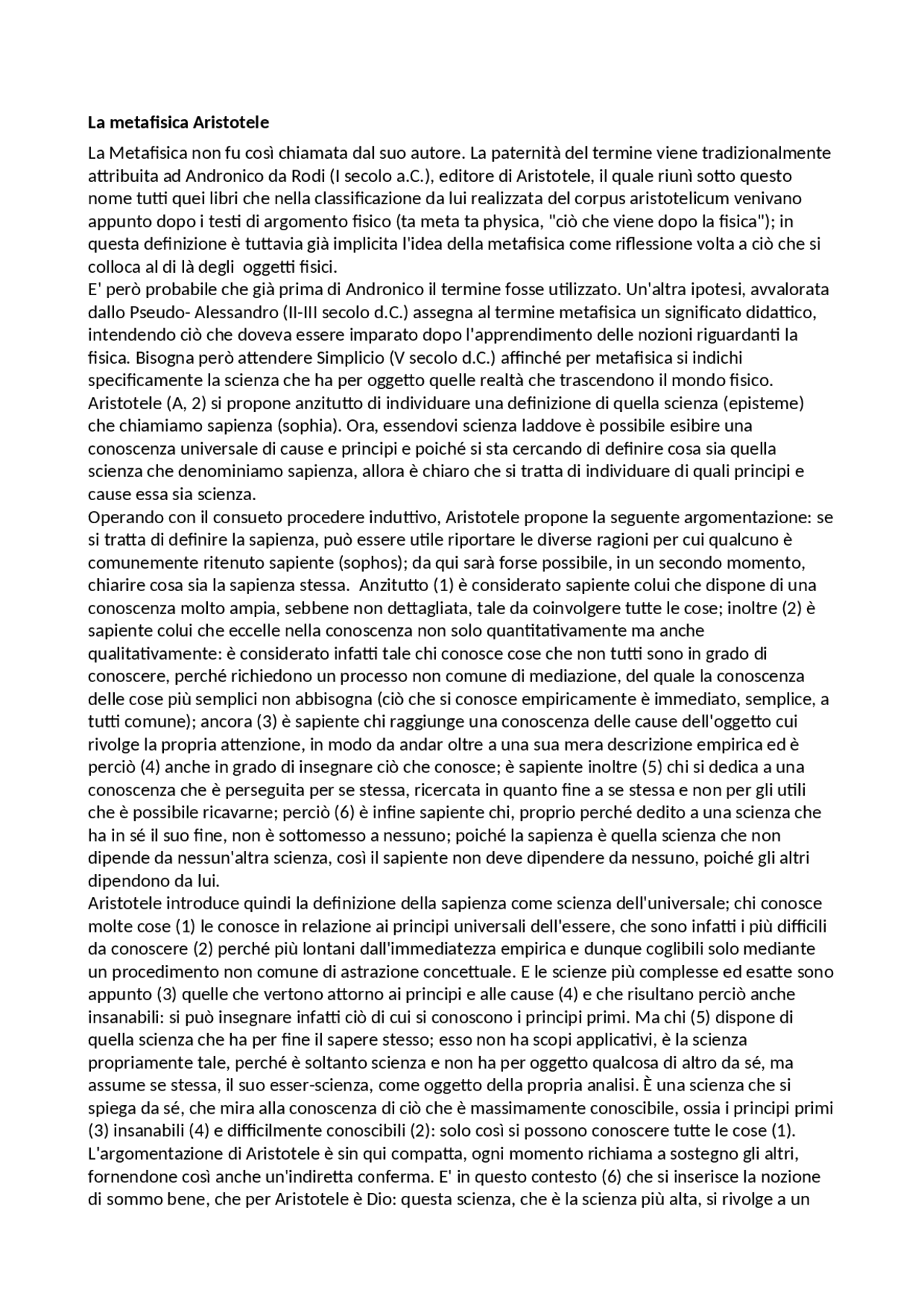 Libro La Metafisica Di Aristotele Docsity