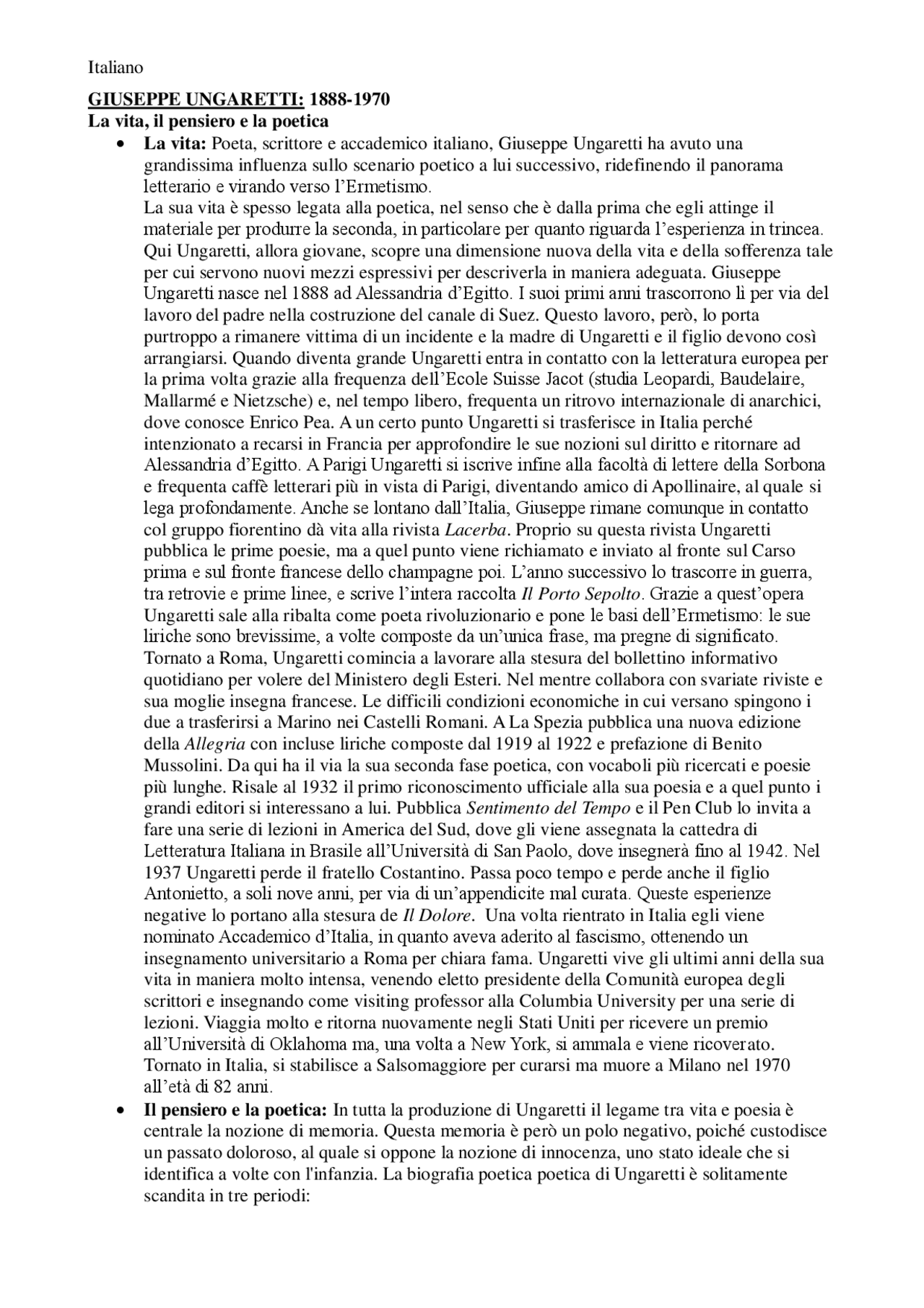 Appunti Di Italiano Per La Prova Di Maturità Su Ungaretti Docsity
