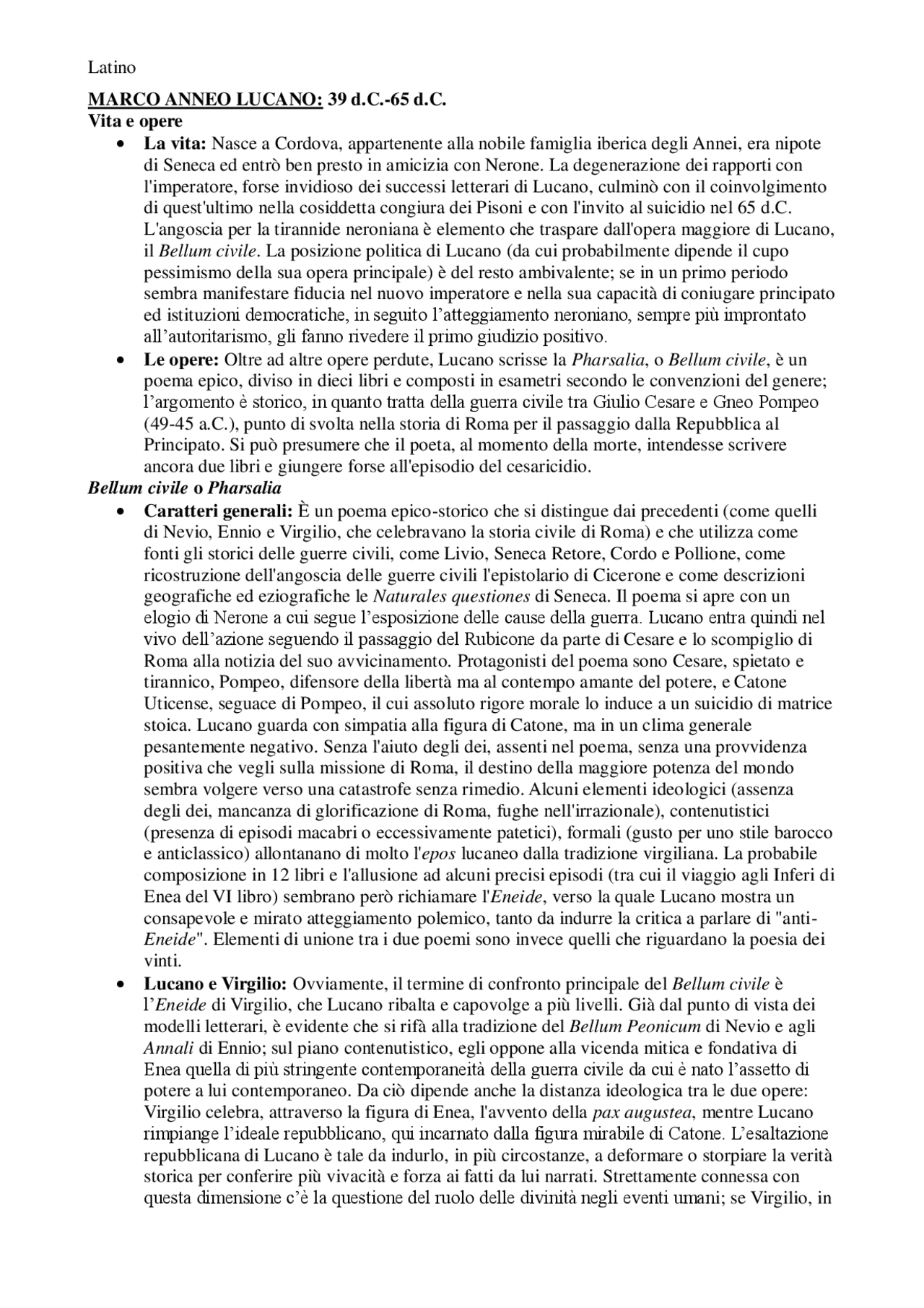 Appunti Di Latino Per La Prova Di Maturità Su Lucano Docsity
