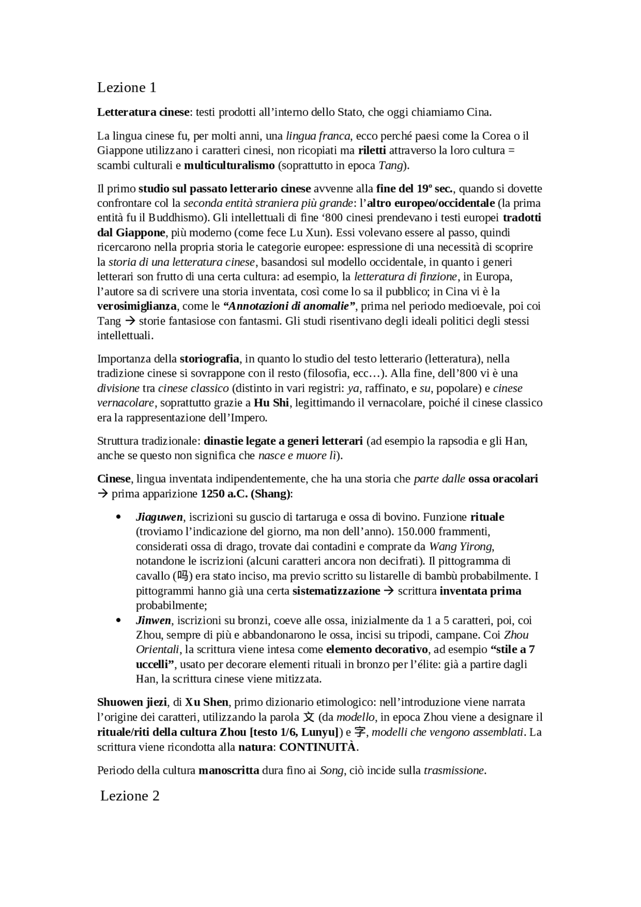 Letteratura Cinese 1 Appunti Docsity