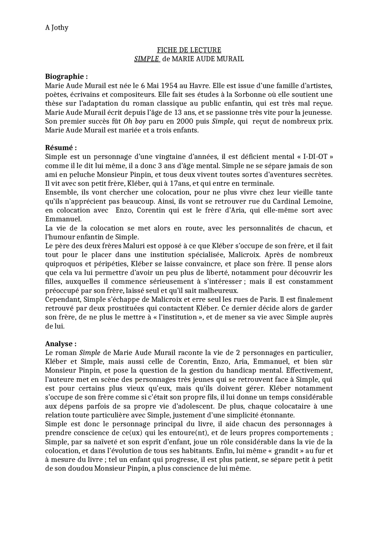 Simple de Marie aude Murail corrigé | Exercises French - Docsity