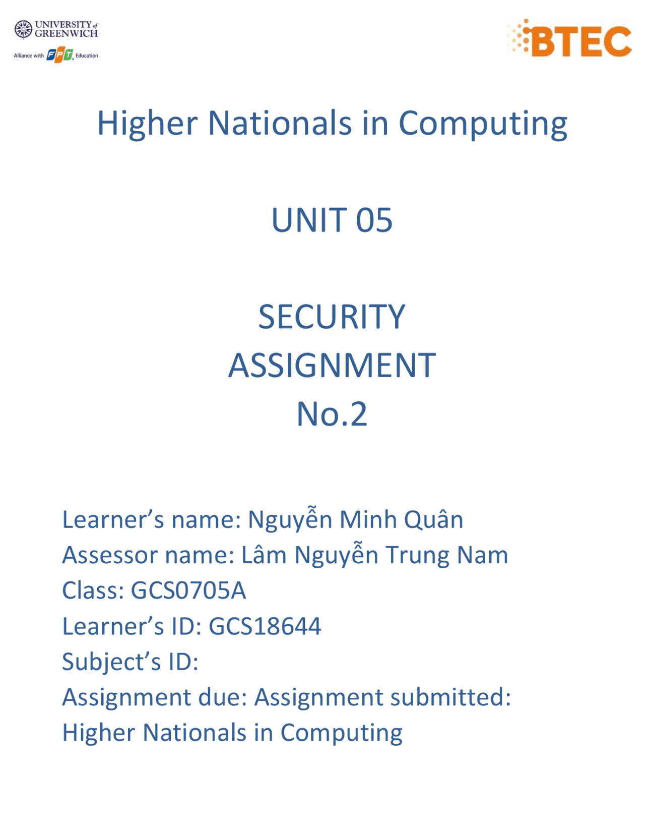 Higher Nationals In Computing Unit 05 Security Assignment No2 Docsity